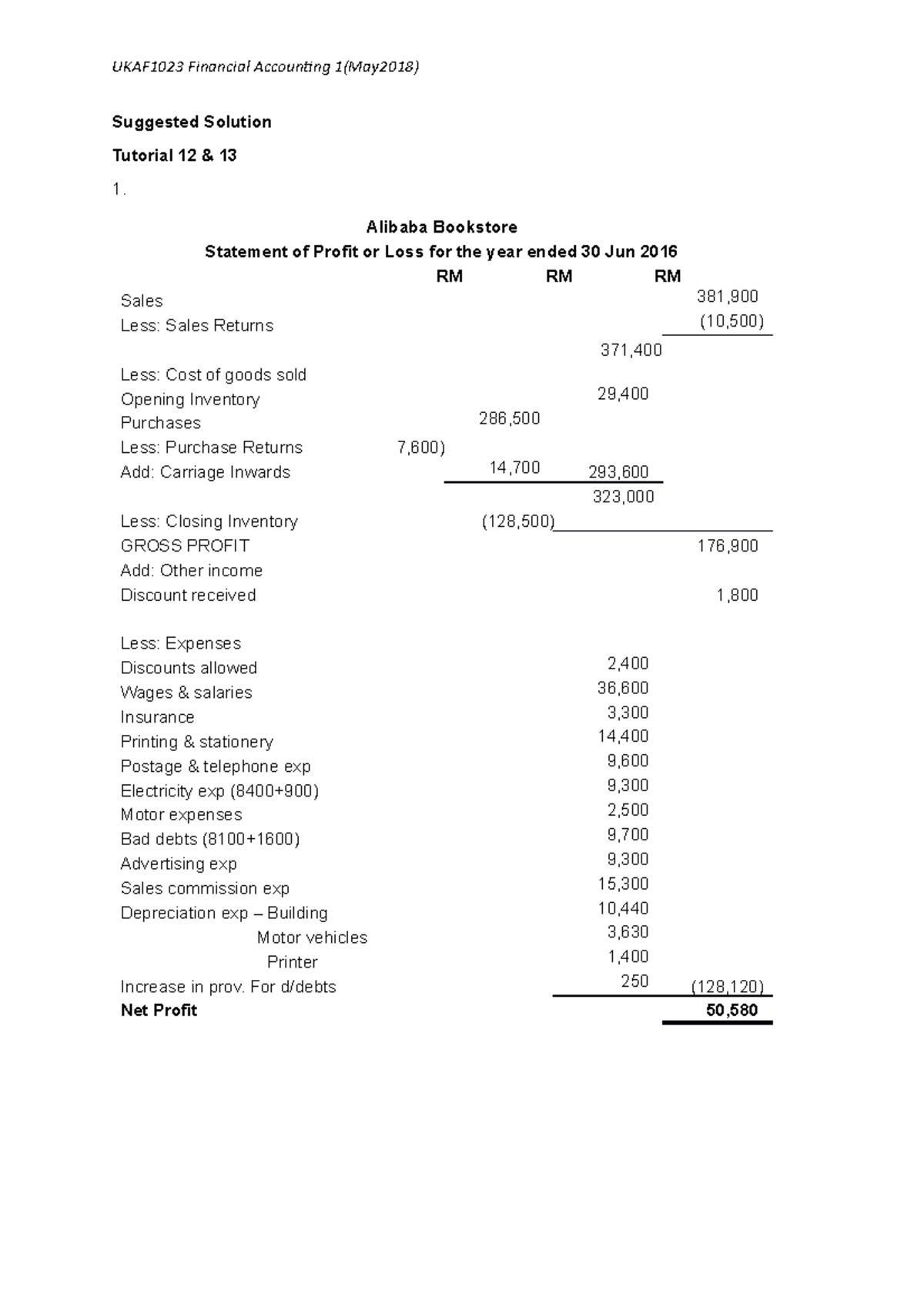 Tutorial 12 13 - Answer May2018 updated - UKAF1023 Financial Accounting ...