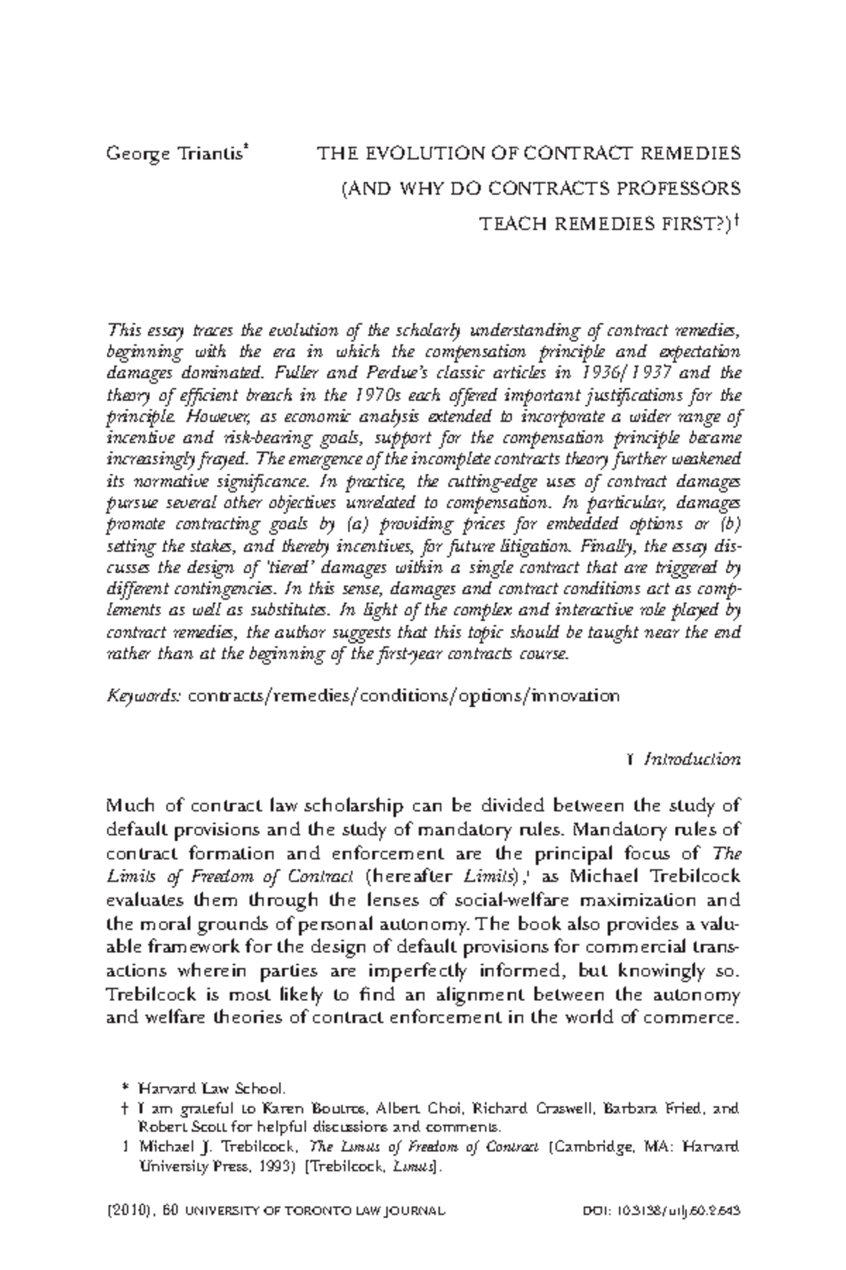 THE Evolution OF Contract Remedies - George Triantis * THE EVOLUTION OF ...