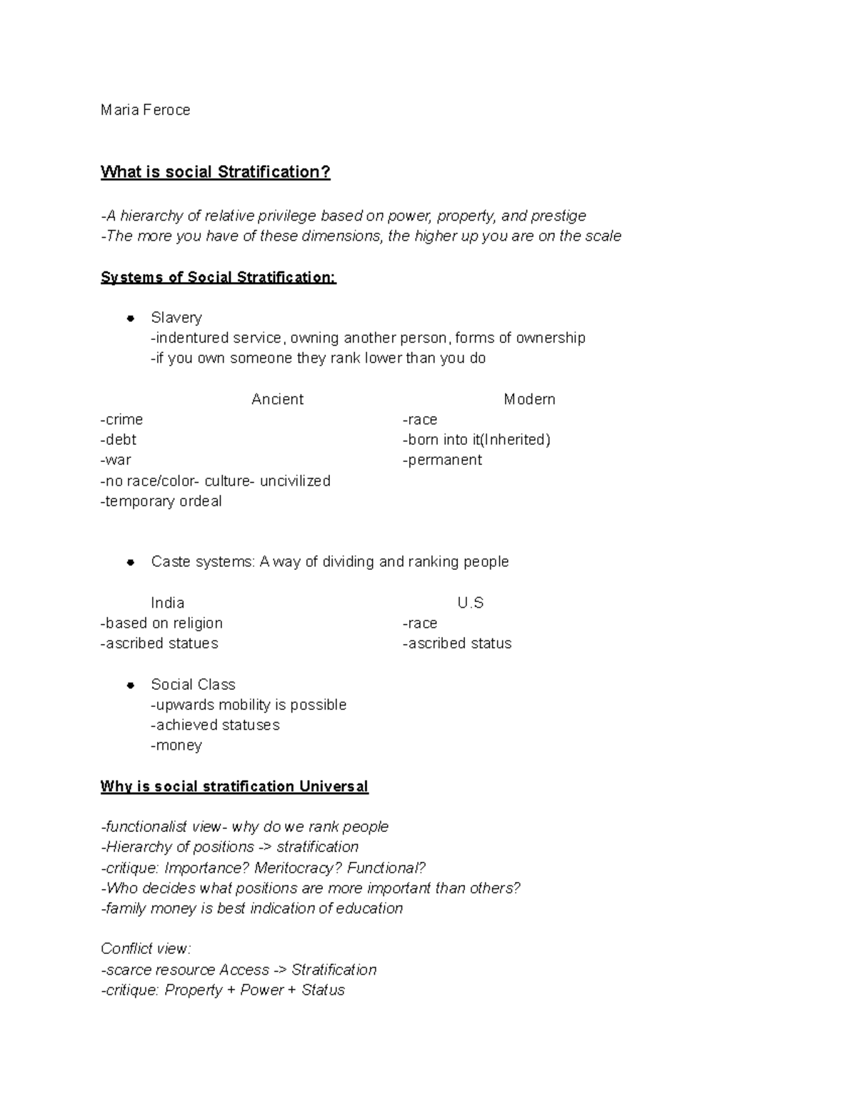 Sociology notes 10 25 2022 - Maria Feroce What is social Stratification ...