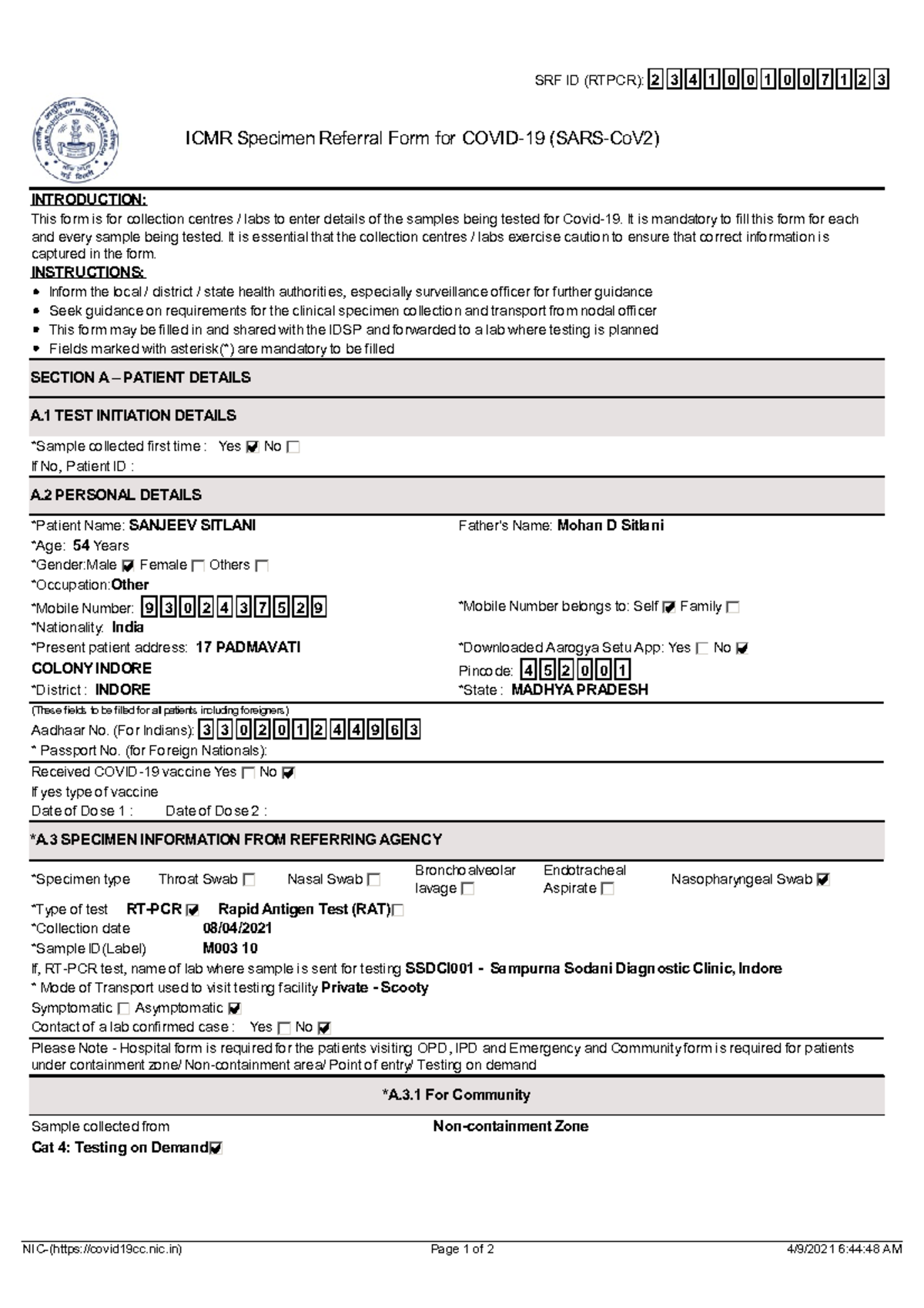 2341001007123 - Notes - SRF ID (RTPCR): 2 3 4 1 0 0 1 0 0 7 1 2 3 ICMR ...