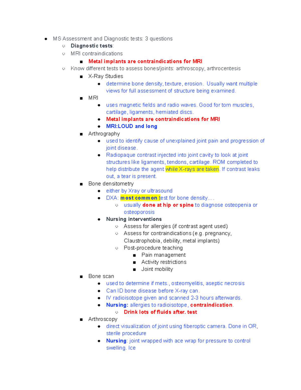 EXAM 3 REVIEW OF CHAPTERS FOR ADULT 2 - MS Assessment and Diagnostic ...