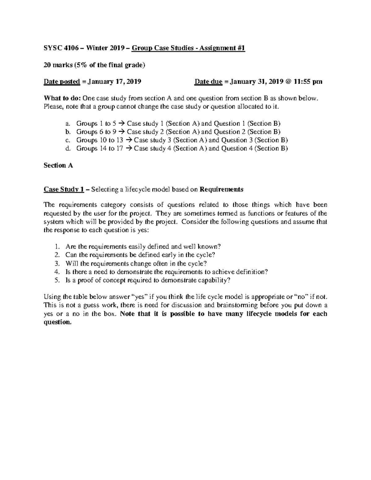 Case study 1 - 2019 - Apontamentos 1-6 - SYSC 4106 – Winter 2019 – Group Case Studies ...