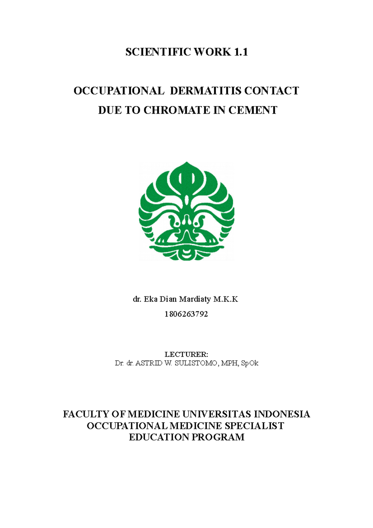 Occupational Dermatitis Contact due to Chromate in Cement - SCIENTIFIC ...