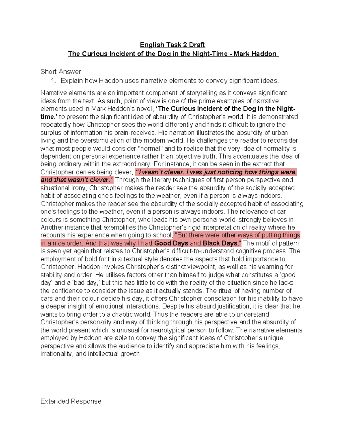 English Task 2 Draft Final - English Task 2 Draft The Curious Incident of the Dog in the Night ...