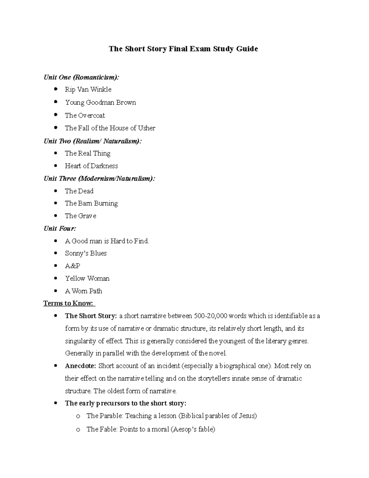 Final exam study guide - The Short Story Final Exam Study Guide Unit ...