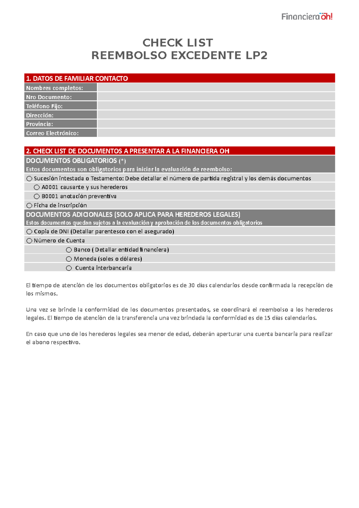 20211104 Check List Reembolso F - CHECK LIST REEMBOLSO EXCEDENTE LP 1. DATOS DE FAMILIAR ...
