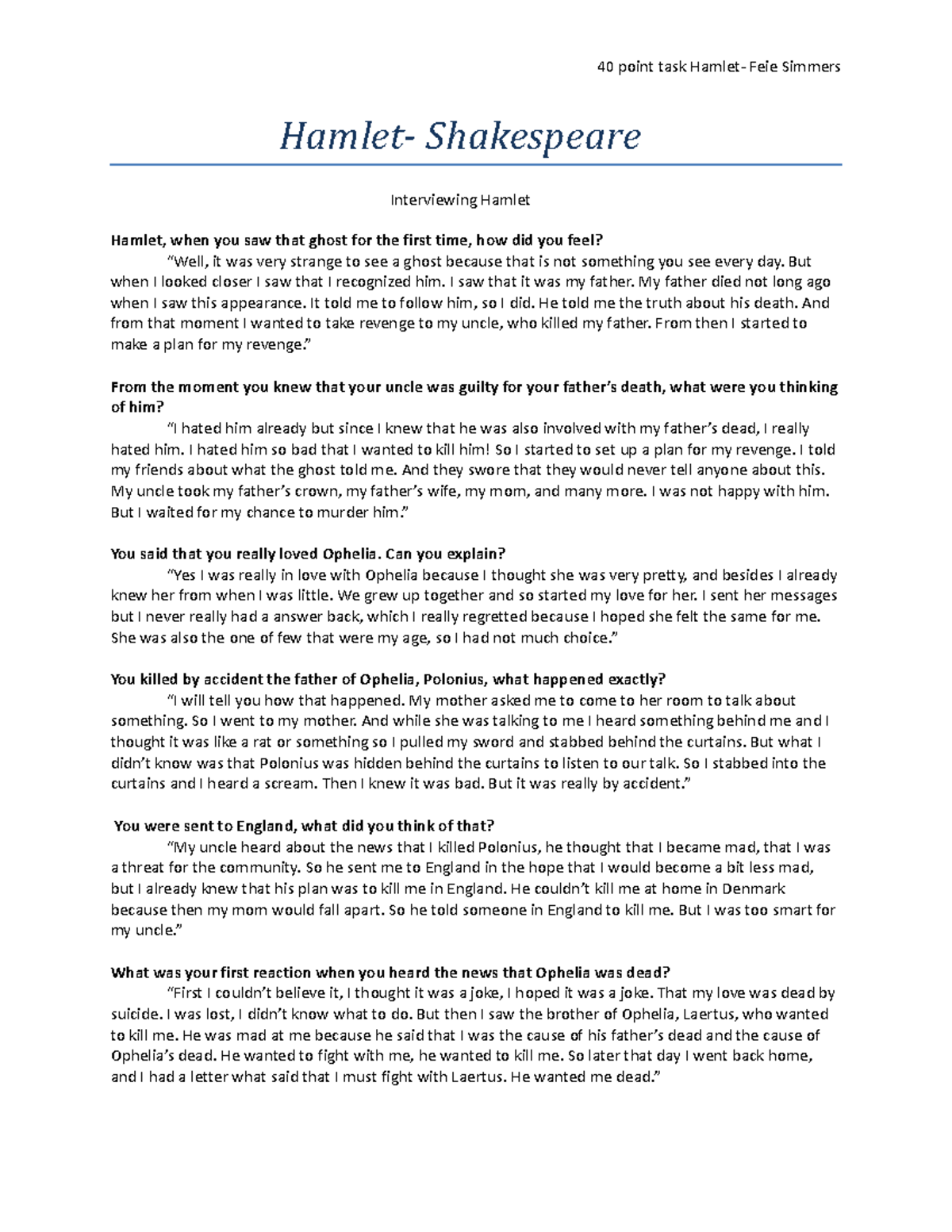 Hamlet 40 points task - Hshs - 40 point task Hamlet- Feie Simmers ...