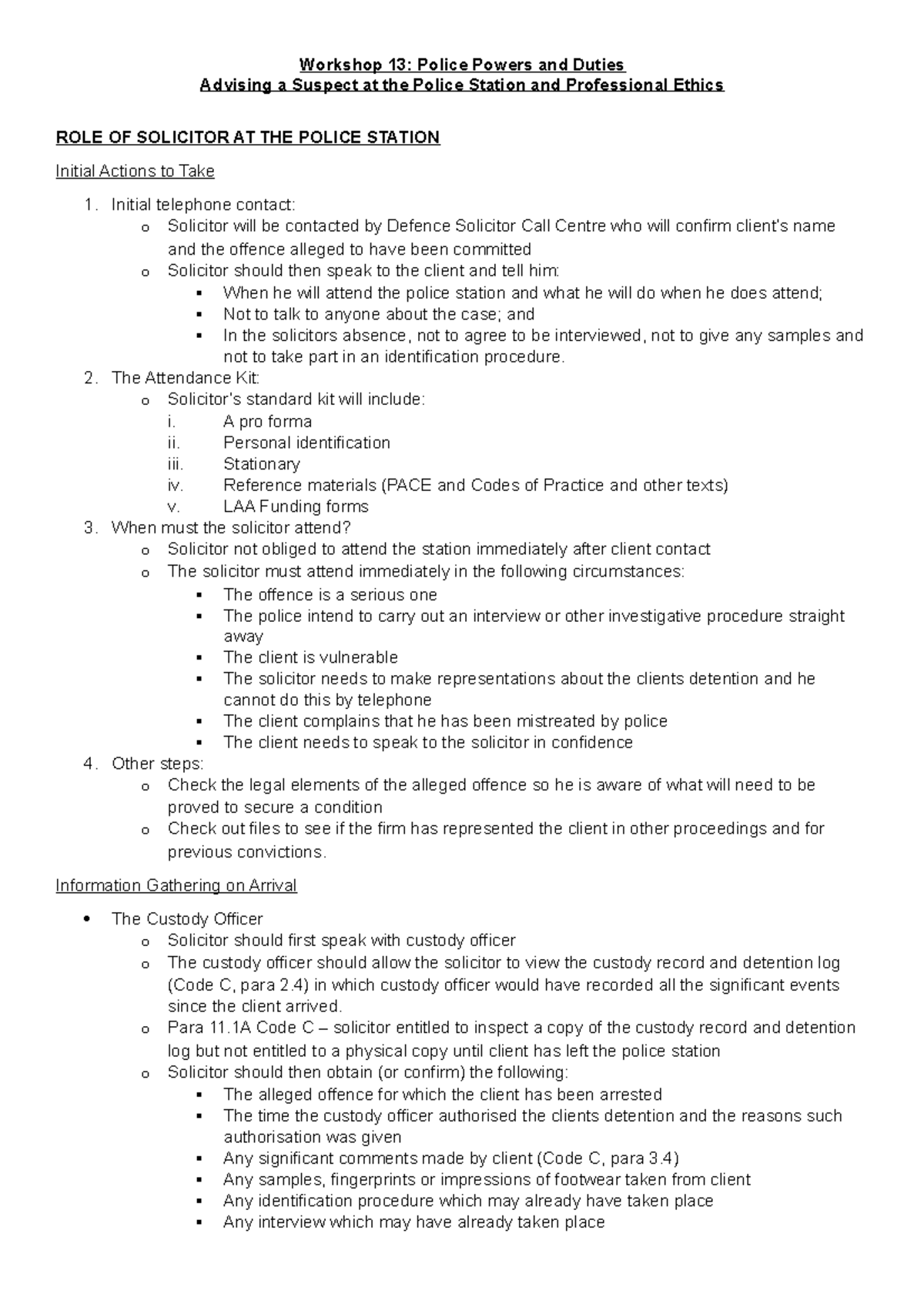 Workshop 13 - Police Powers and Duties - Advising a Suspect at the ...