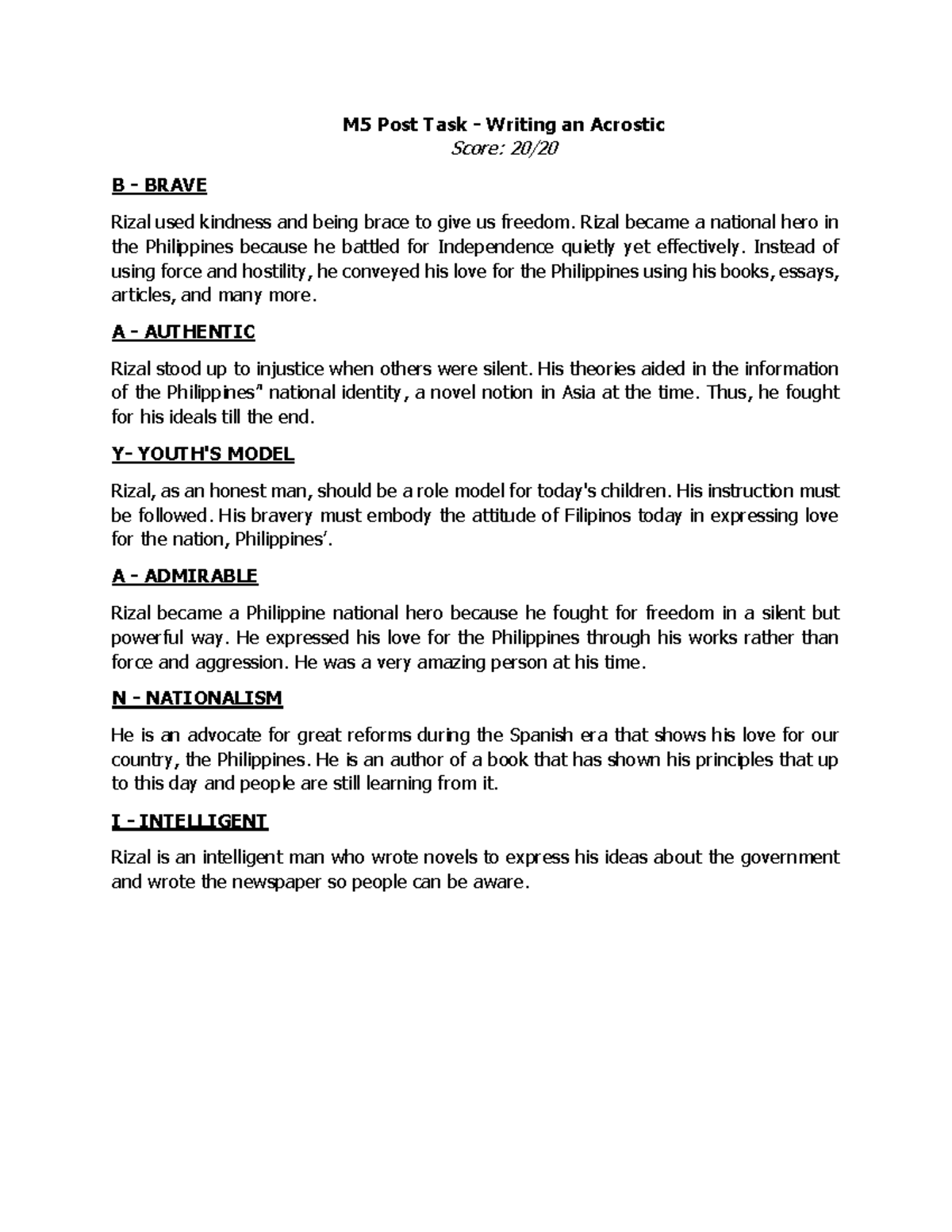 M5 Post Task - Writing an Acrostic - Rizal became a national hero in the Philippines because he ...
