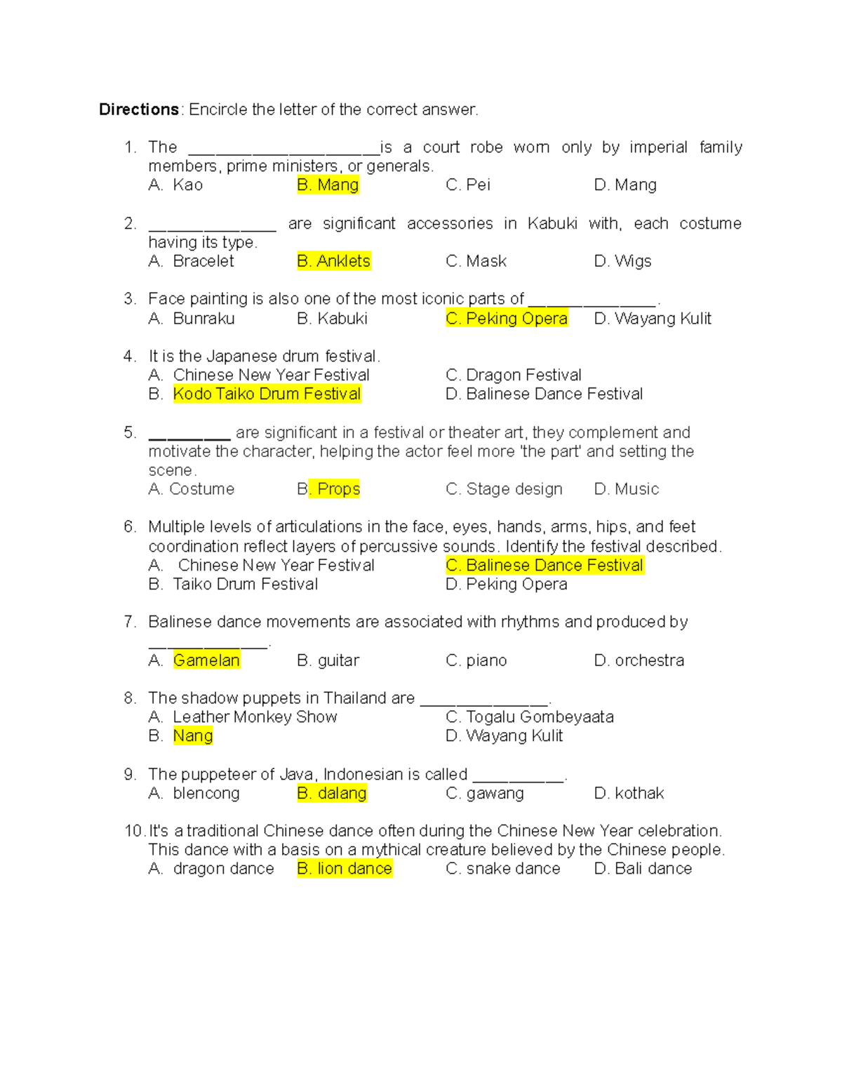 Arts - Activity - ARTS - Directions : Encircle the letter of the ...