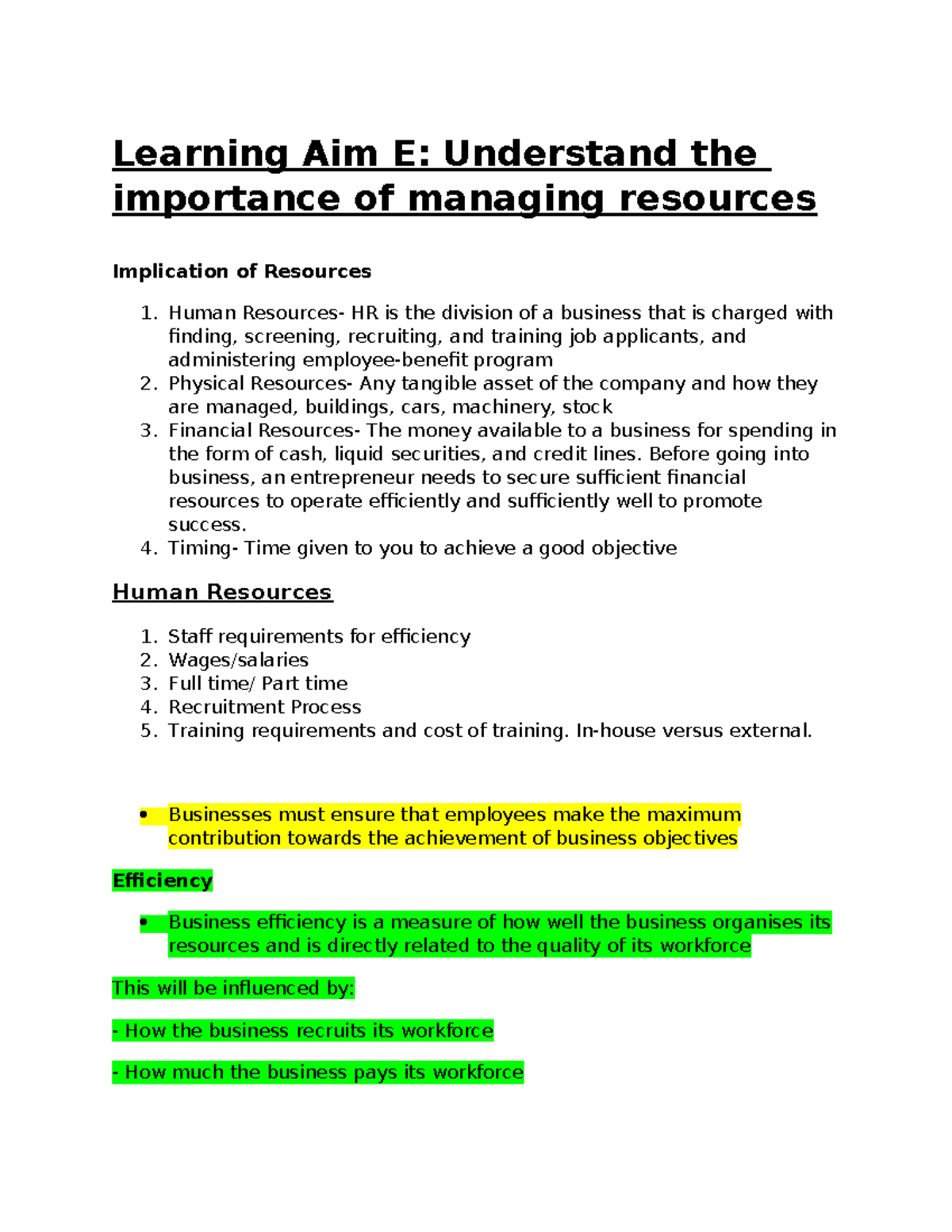 Learning Aim E Understand the importance of managing resourc - Learning ...