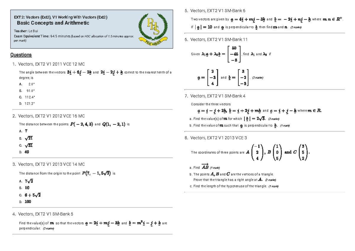 Vectors. Basic Concepts and Arithmetic - 1. Vectors, EXT2 V1 2011 VCE 12 MC 2. Vectors, EXT2 V1 ...