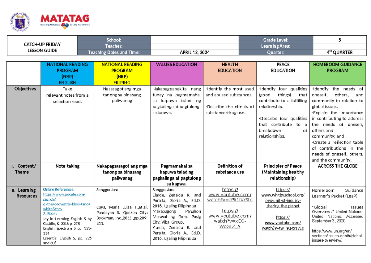 Grade 5 Catch UP April 122024 - CATCH-UP FRIDAY LESSON GUIDE School: Grade Level: 5 Teacher ...
