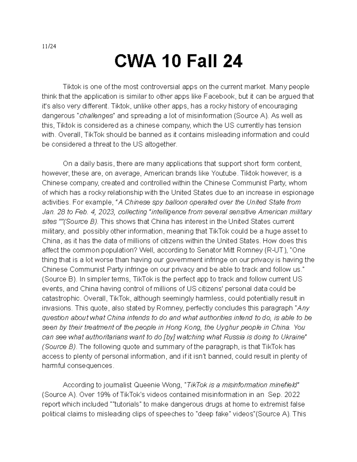 Tiktok Argumentive Essay, CWA 10 11 4 24 - 11/ CWA 10 Fall 24 Tiktok is one of the most - Studocu
