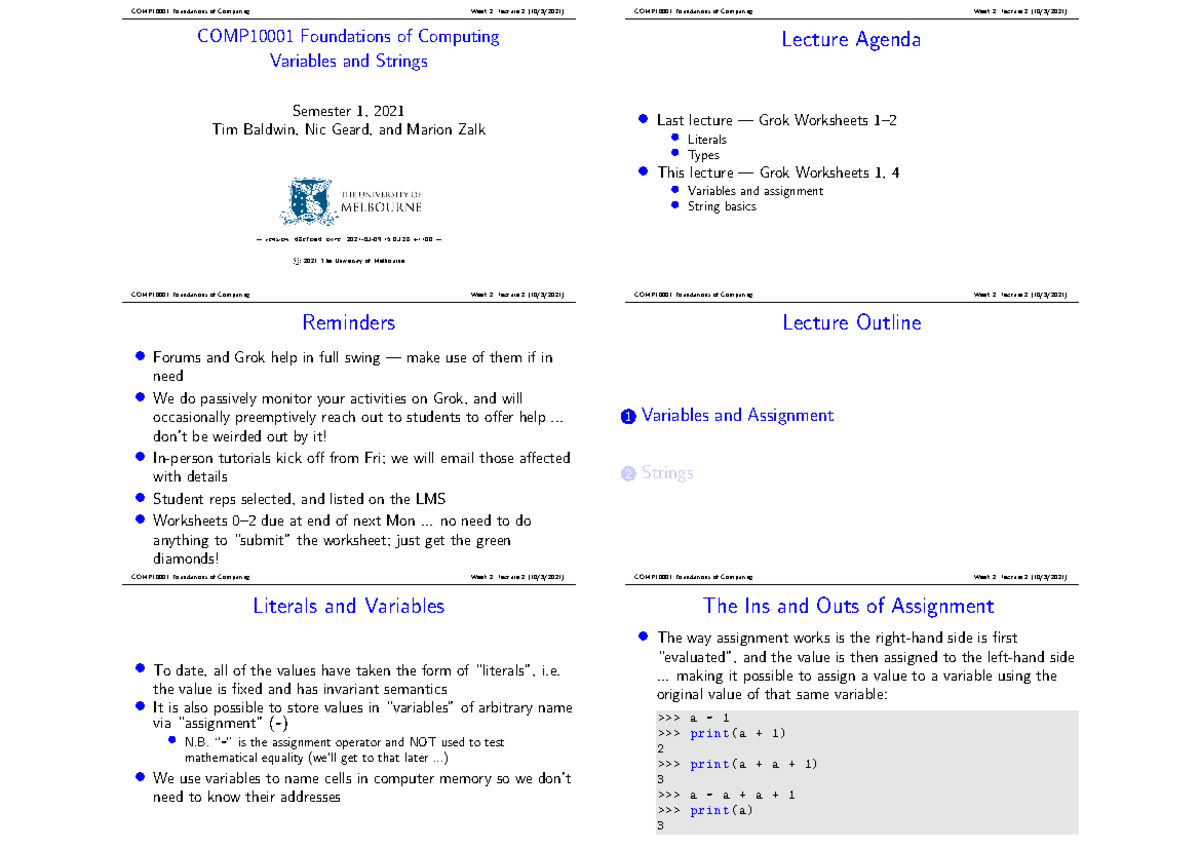 Handout 02b - Week 2 Lecture 2 - COMP10001 Foundations of Computing Variables and Strings ...