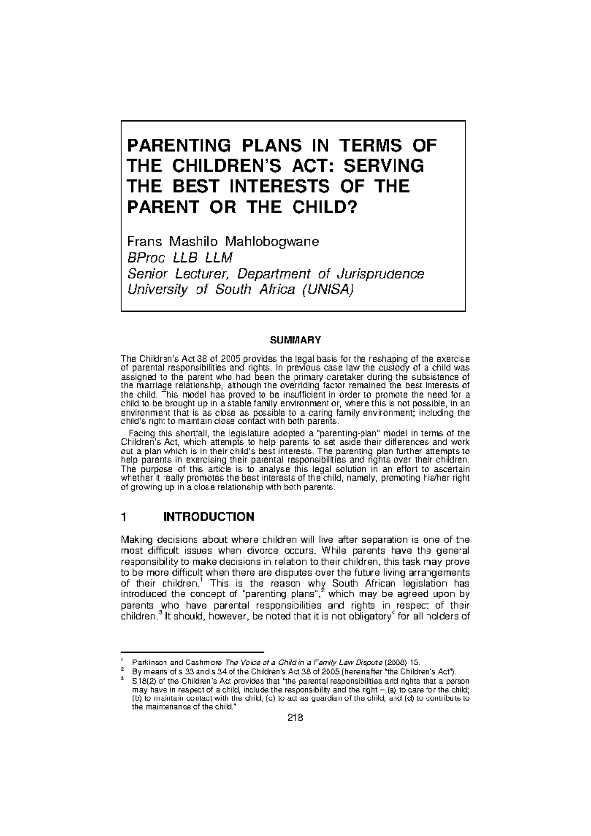 Parenting Plan in terms of the Childrens Act Serving the best interest ...