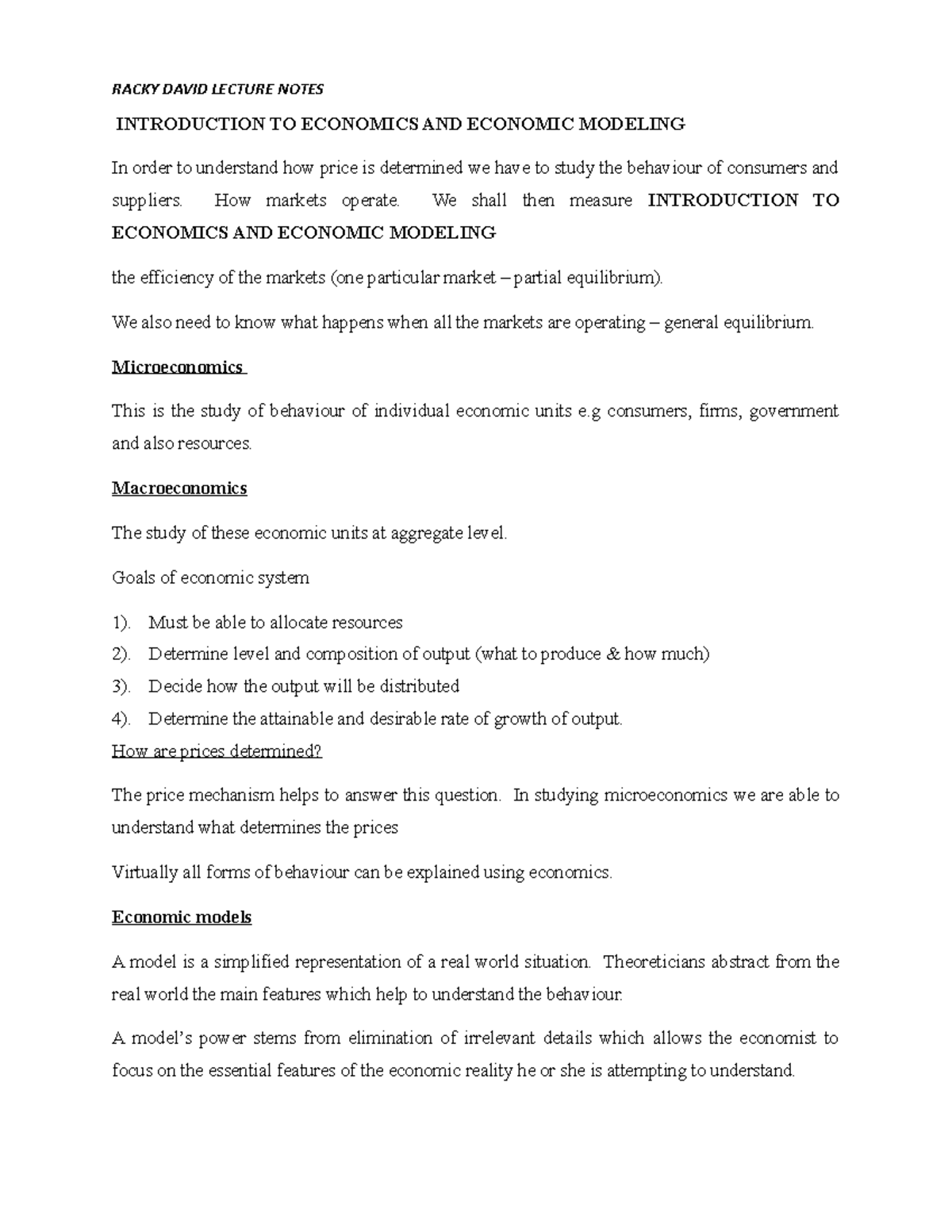 Introduction TO Economics AND Economic Modeling - INTRODUCTION TO ...