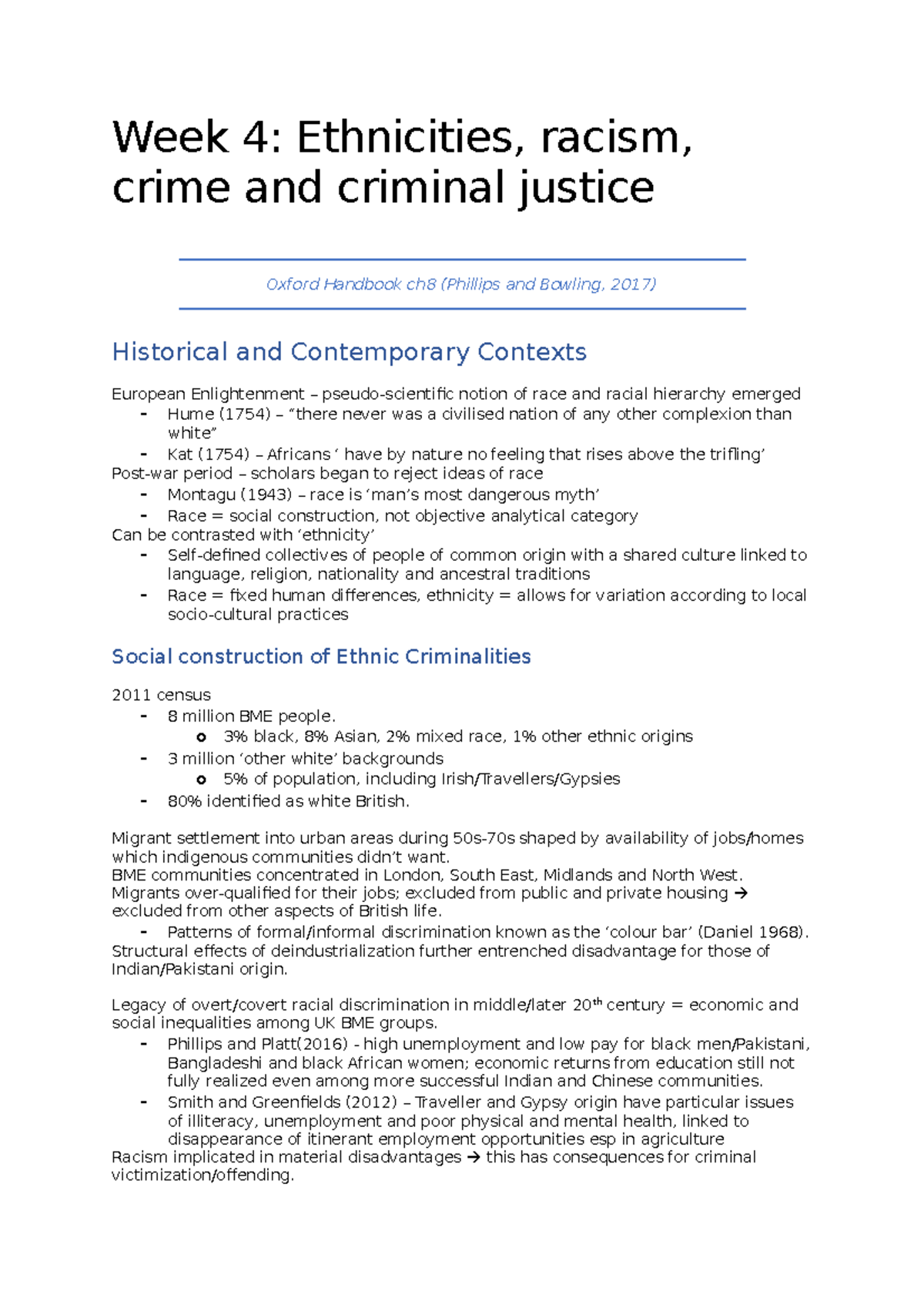 Week 4 - notes - Week 4: Ethnicities, racism, crime and criminal ...