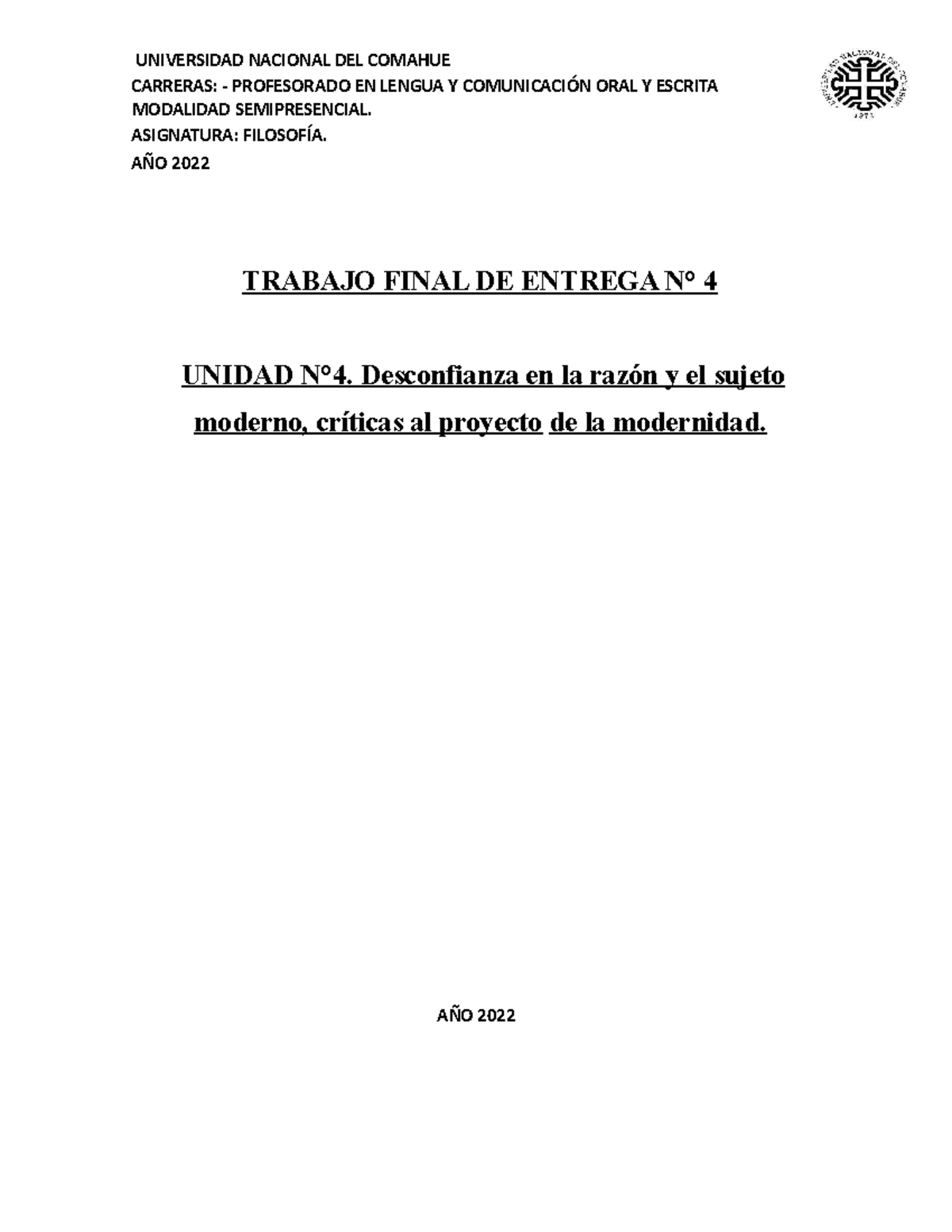 Desconfianza EN LA Razon Y EL Sujeto Moderno - UNIVERSIDAD NACIONAL DEL ...