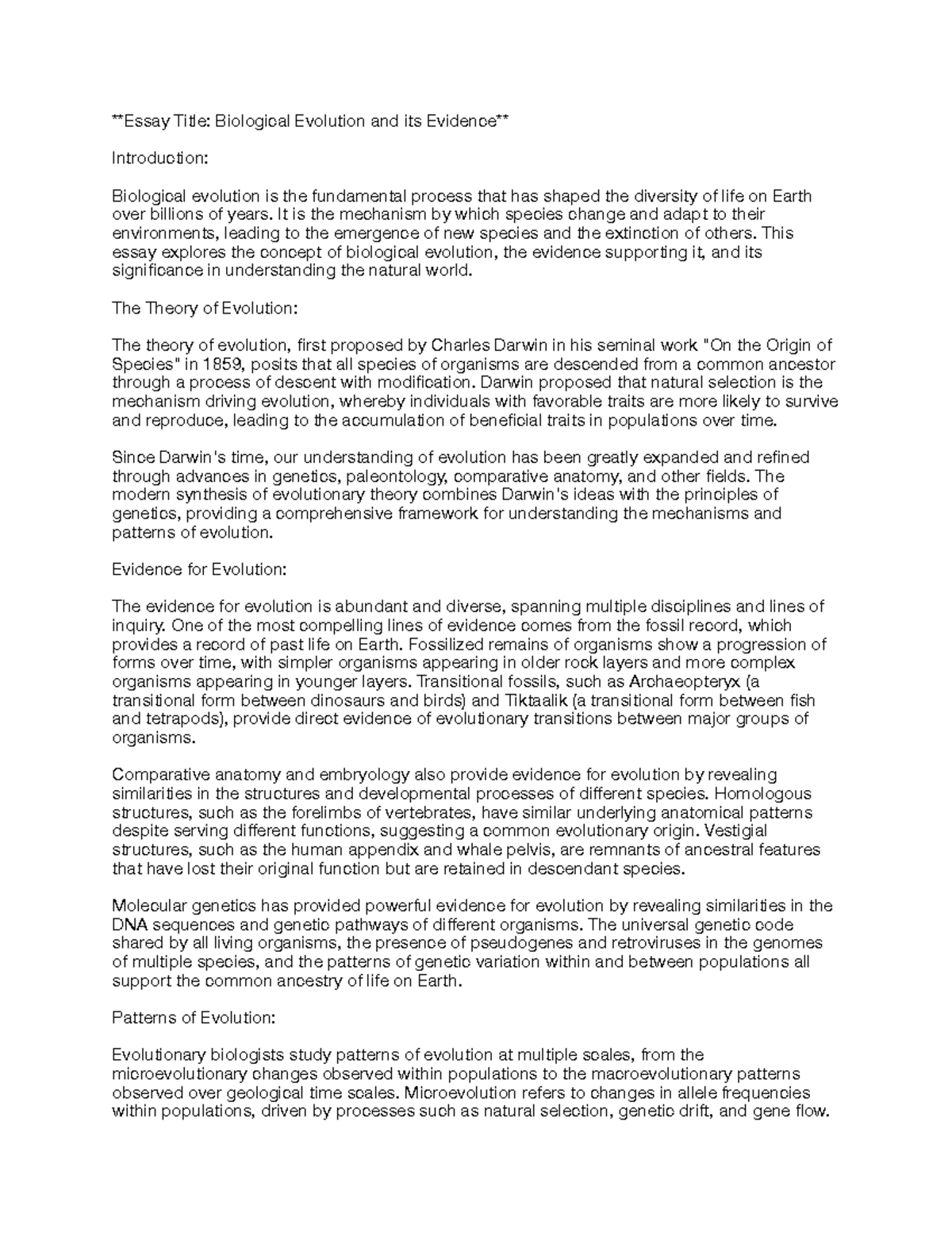 Biological Evolution - Essay - Essay Title: Biological Evolution and ...