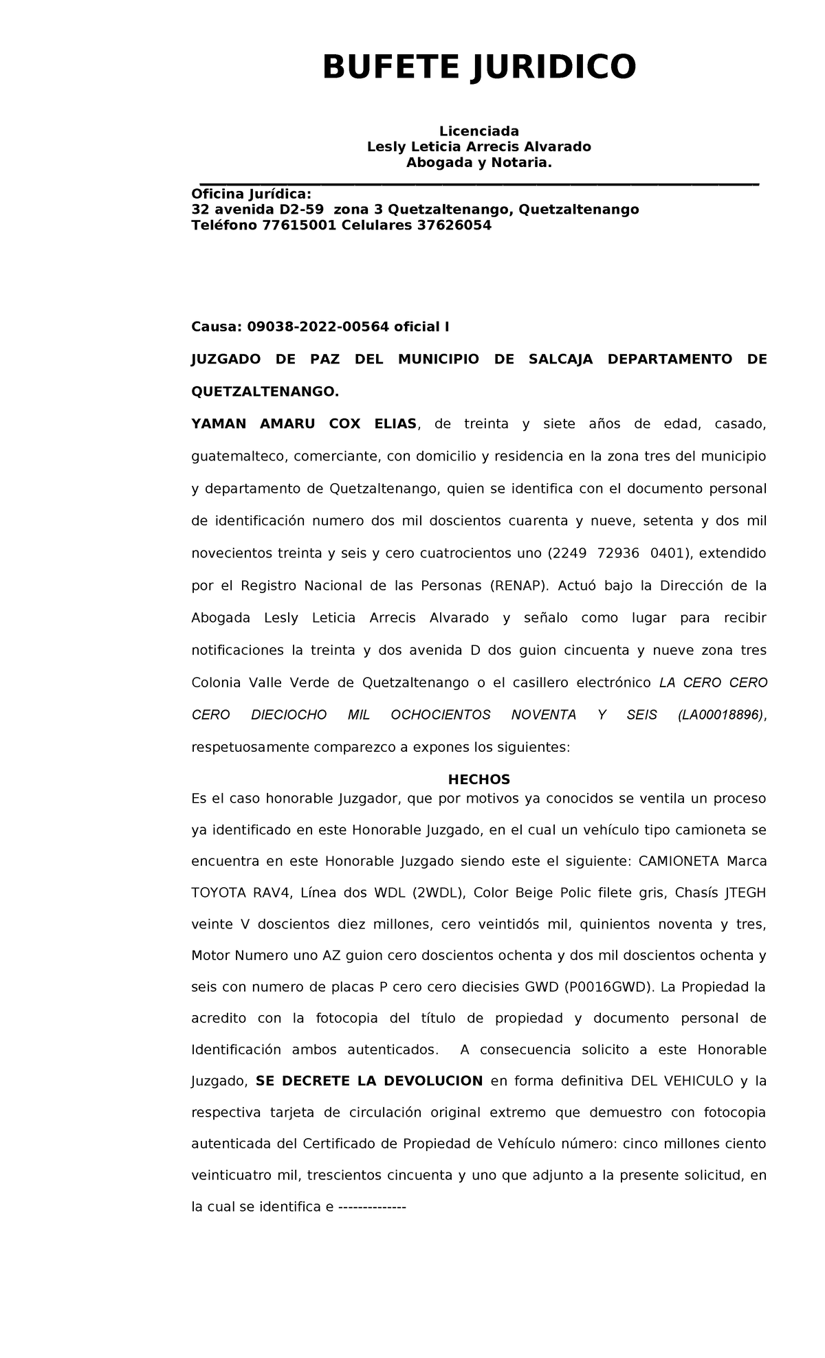 Memorial Devolucion DE Vehiculo - BUFETE JURIDICO Licenciada Lesly ...