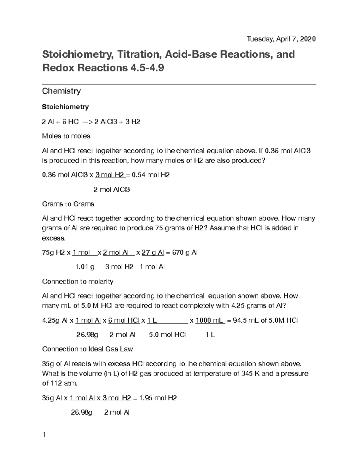 Chem 8 - lecture 2 notes - Stoichiometry, Titration, Acid-Base ...