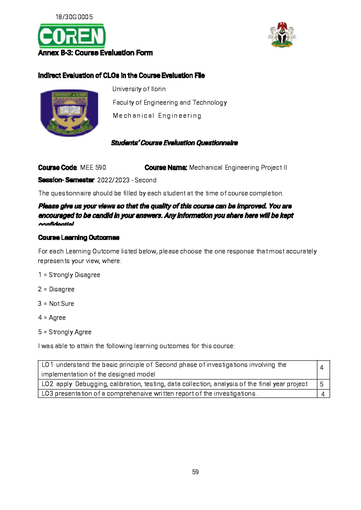 OBE-Assessment MEE 590-Oct.-2020 3 - 18/30GD 4 5 4 Annex B-3: Course ...