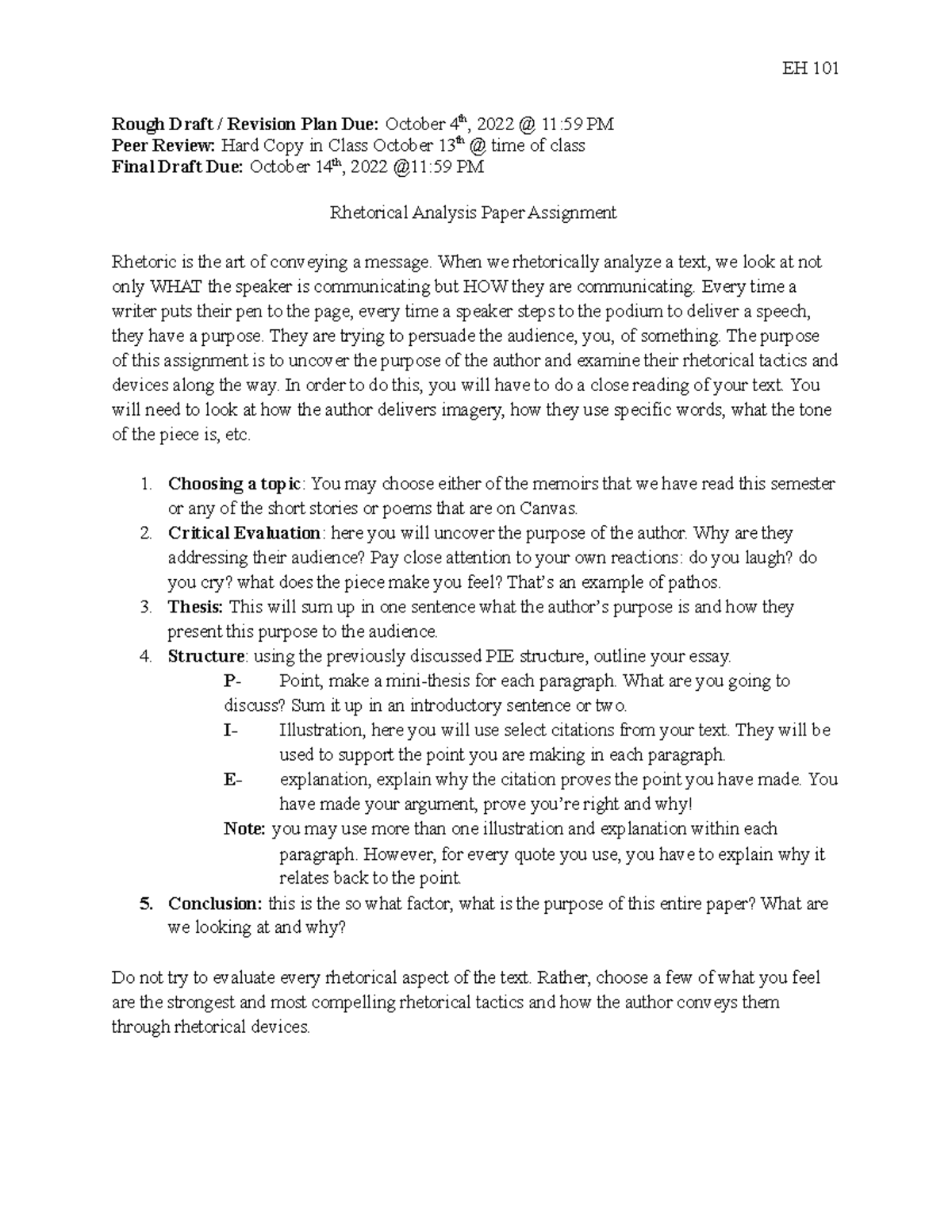 Rhetorical Analysis Assignment - EH 101 Rough Draft / Revision Plan Due ...