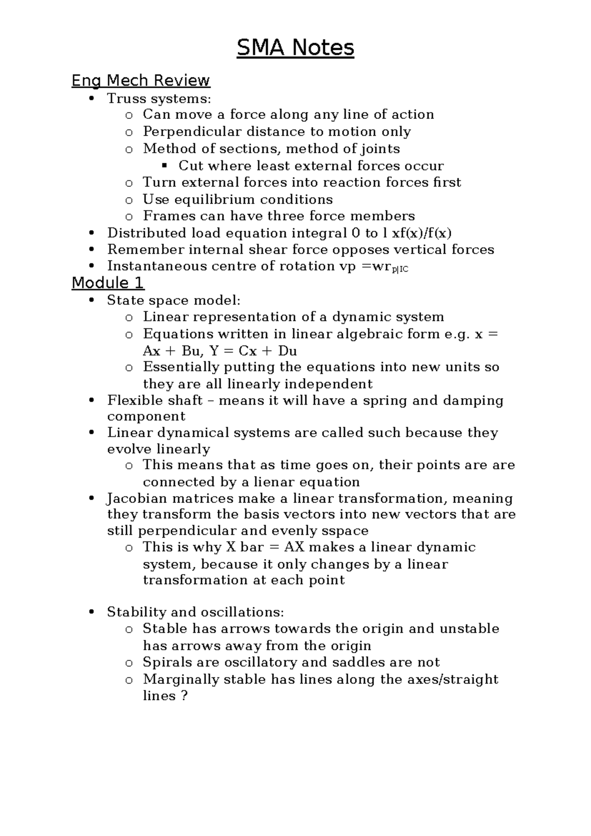 SMA Notes - hyepp - Eng Mech Review Truss systems: o Can move a force ...