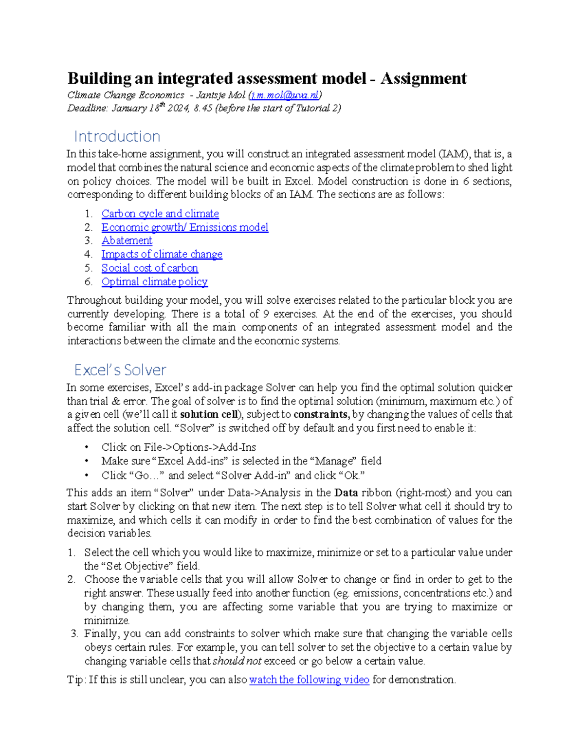 Assignment 1 - IAM 2024 - Building an integrated assessment model - Assignment Climate Change ...
