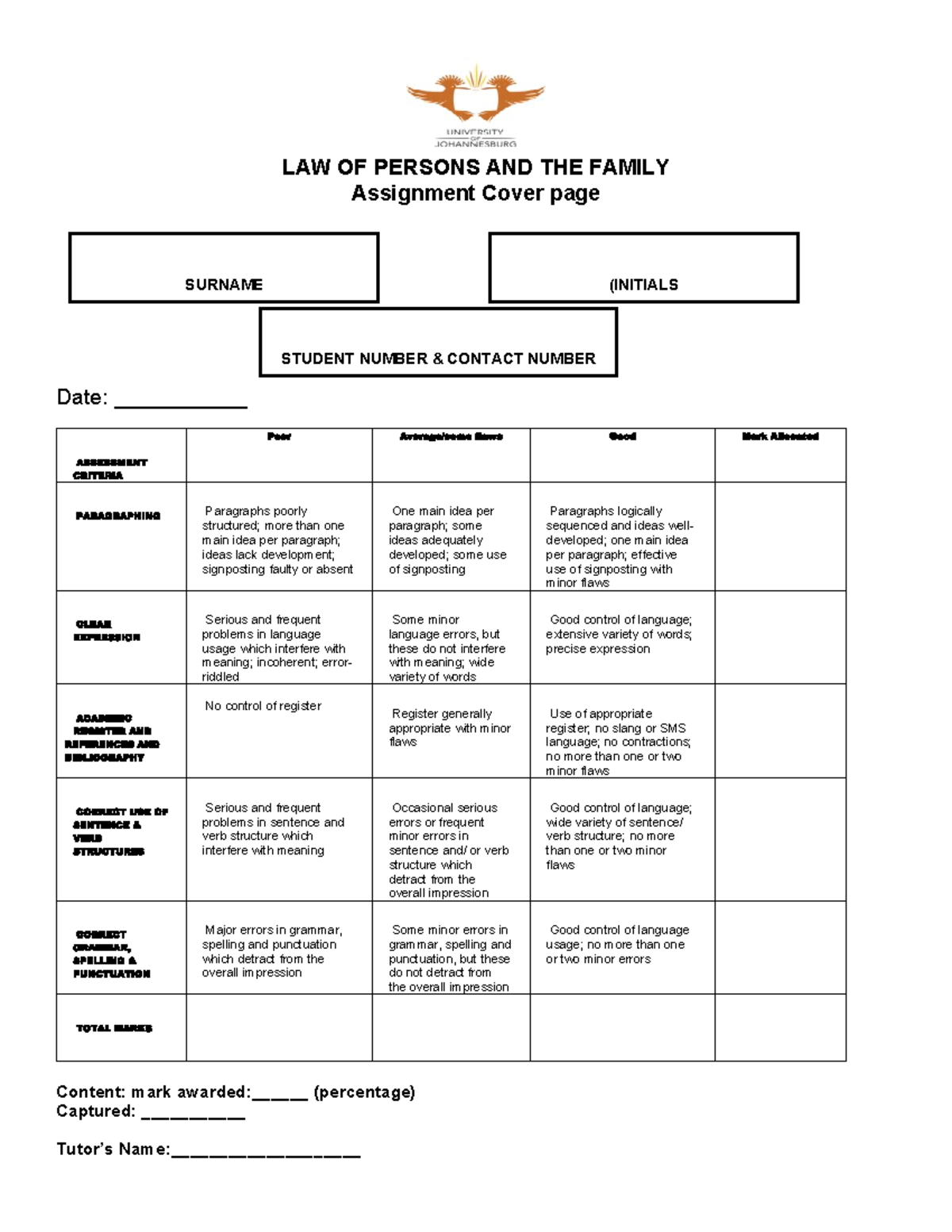Cover page Structure rubric 2023 - LAW OF PERSONS AND THE FAMILY ...