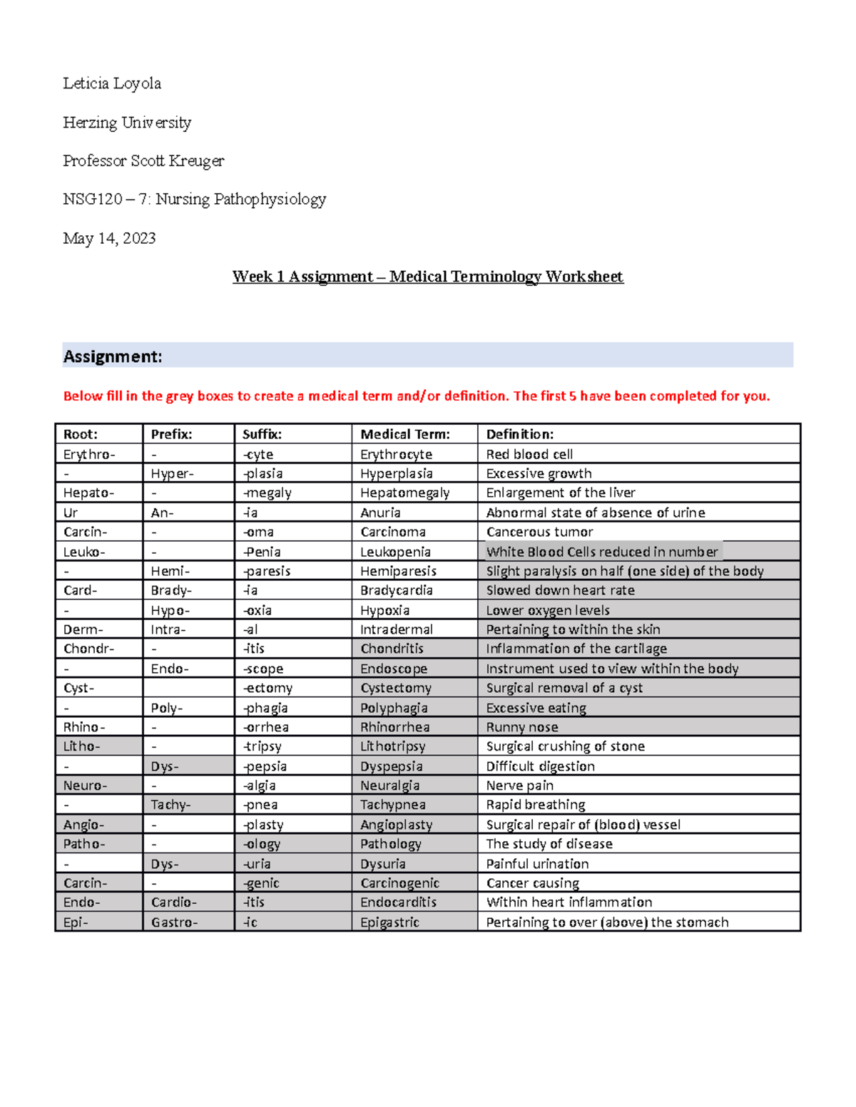Week 1 Medical Terminology Worksheet - Leticia Loyola Herzing ...