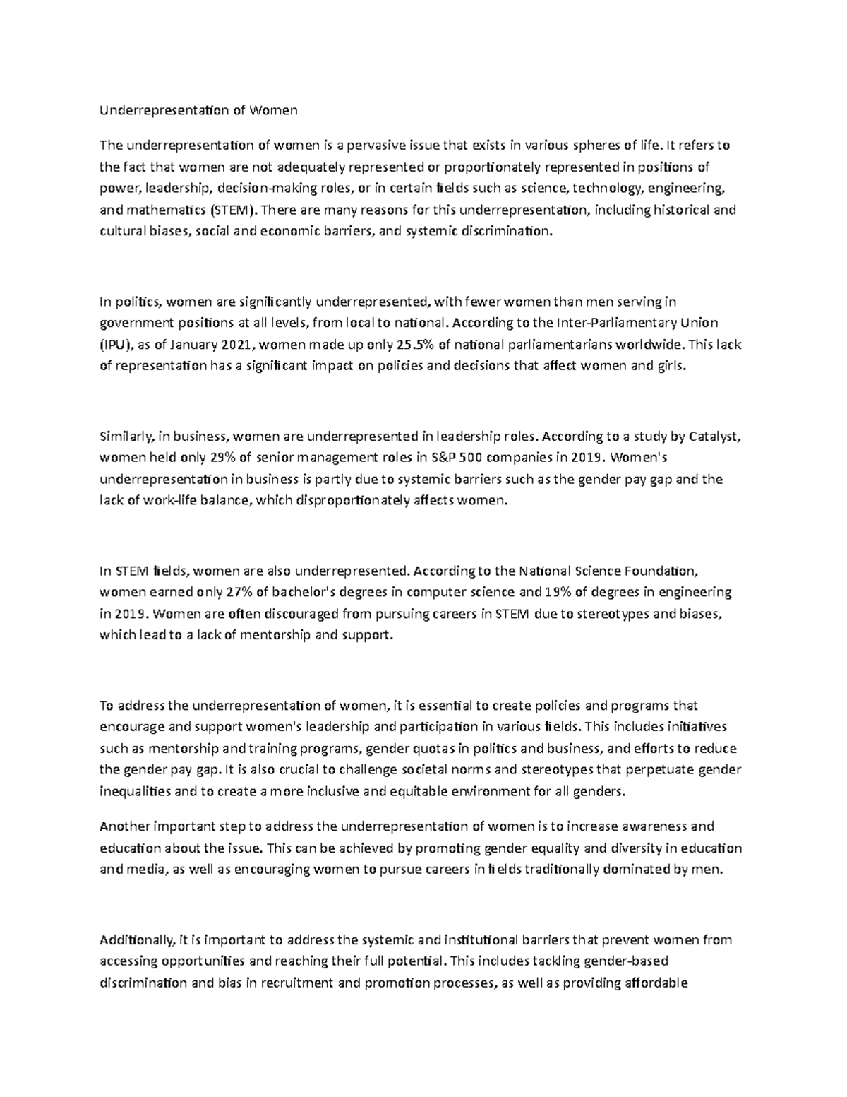 Underrepresentation of Women - It refers to the fact that women are not ...