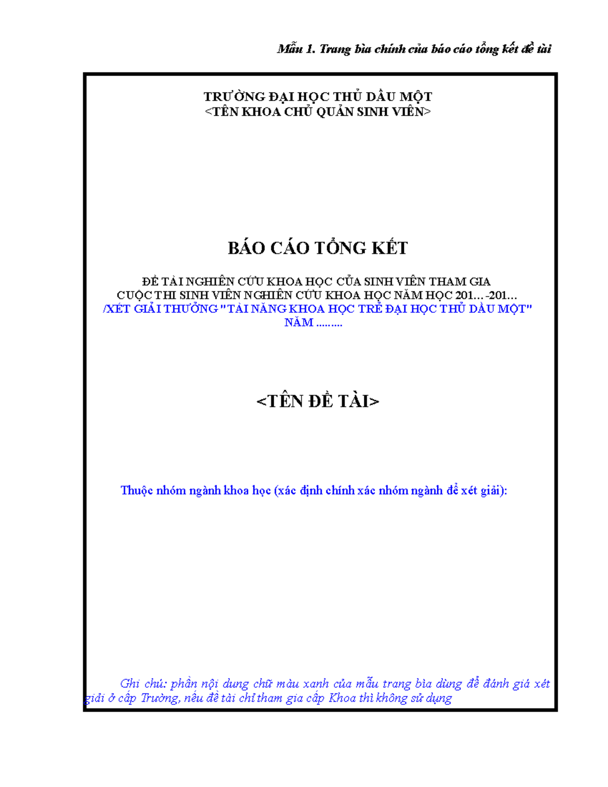 Mau 1 Bia Bao cao tong ket de tai SV NCKH - Mẫu 1. Trang bìa chính của ...