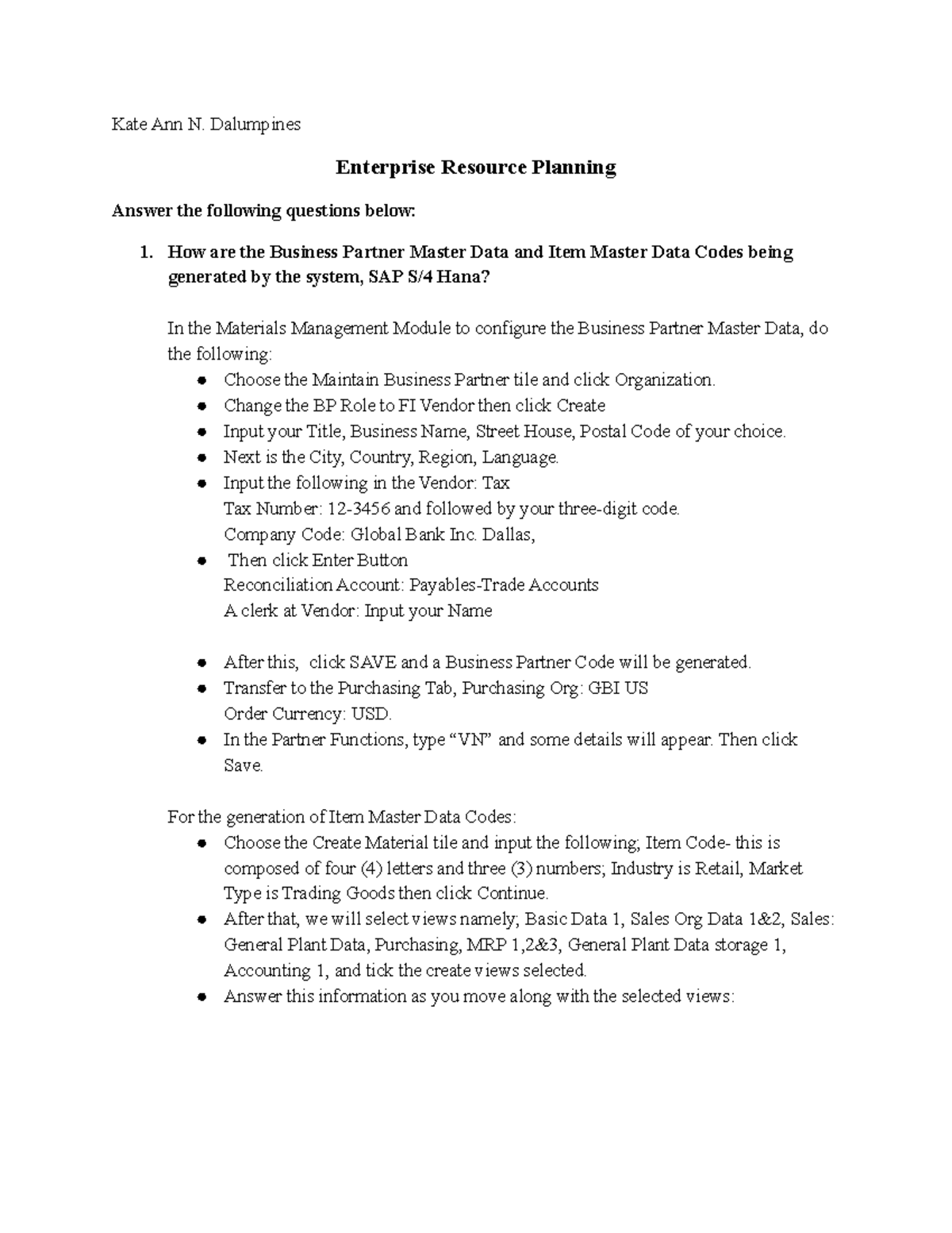 Business Partner Master Data and Item Master Data Codes generated by ...