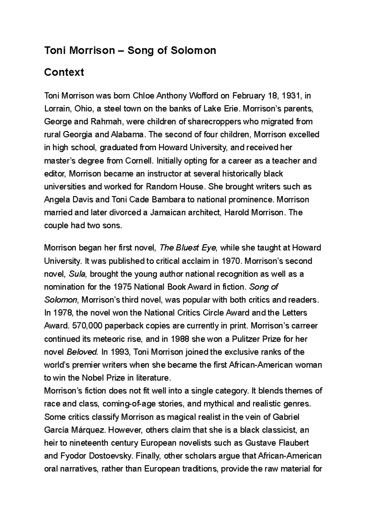 Toni Morrison - Song of Solomon - Context - Toni Morrison Song of ...