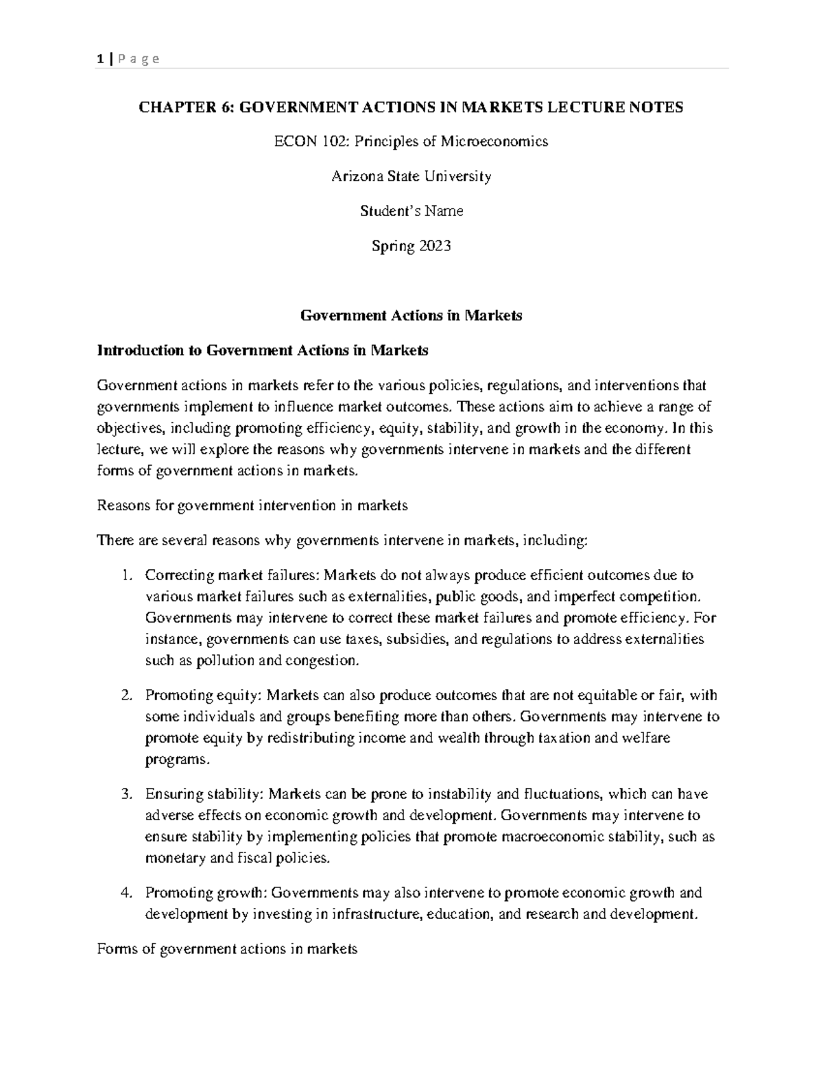 ECON 102 Chpater 6 Government Actions in Markets Lecture Notes ...
