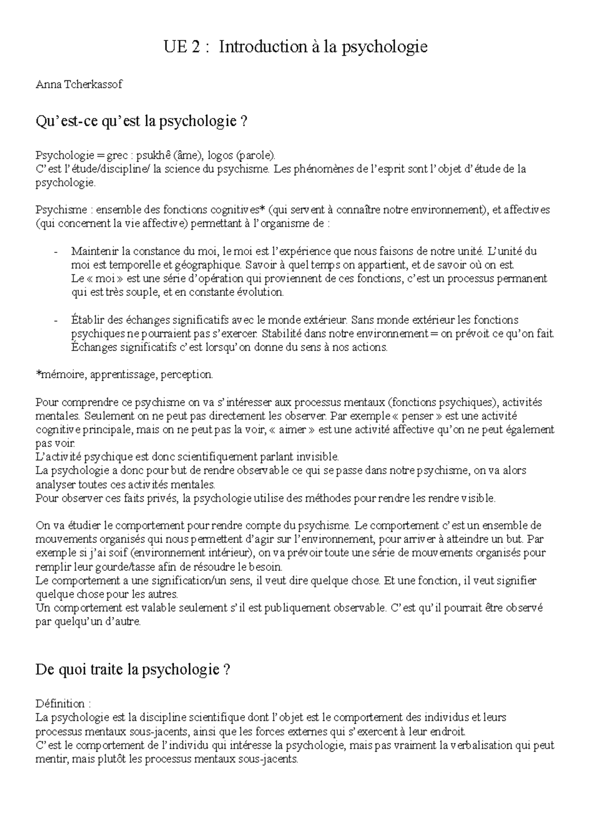 UE2- Introduction à la psychologie