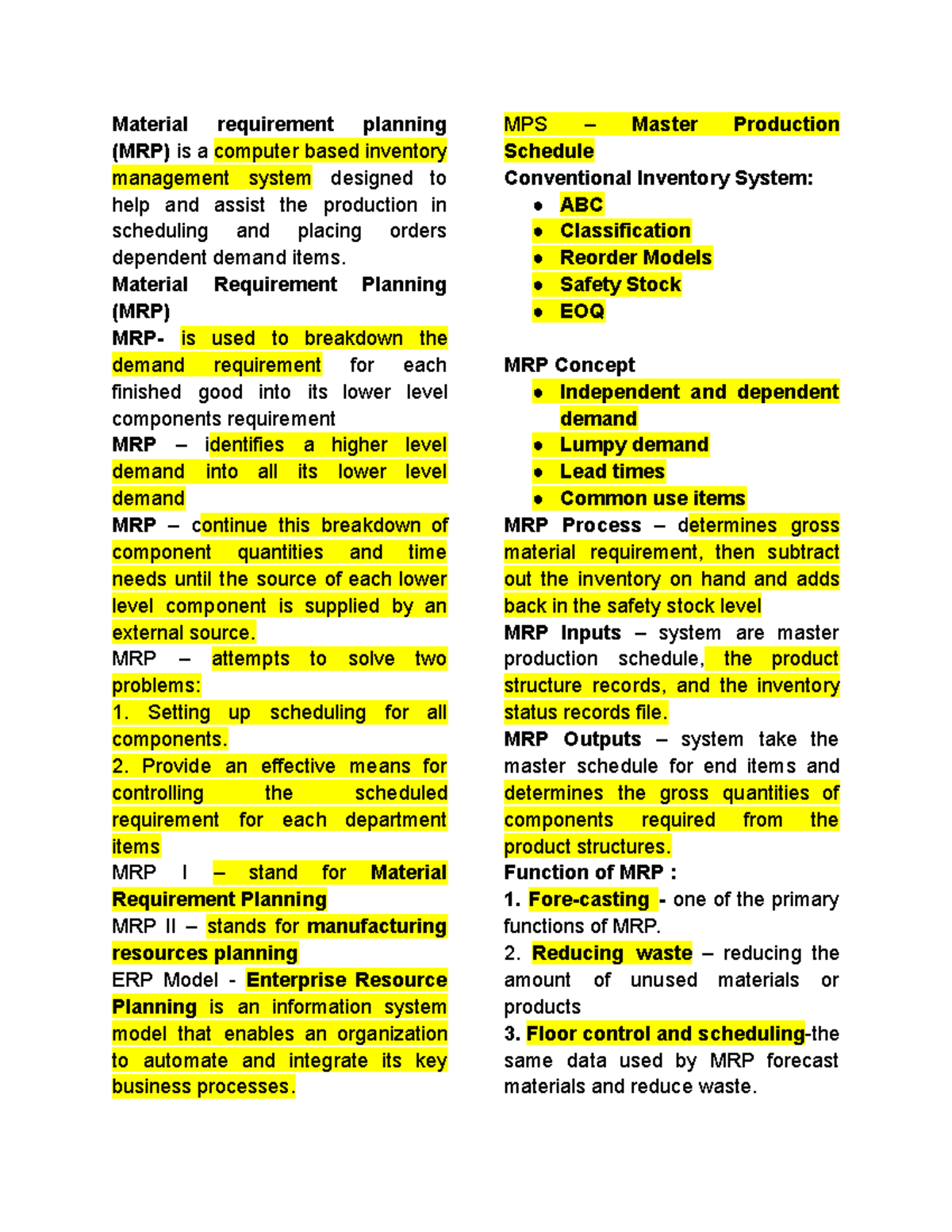 Cbm112 3rd exam review uncomplete - Material requirement planning (MRP ...
