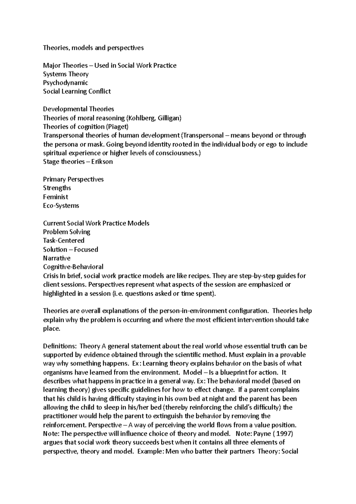 Theories notes - Theories, models and perspectives Major Theories ...