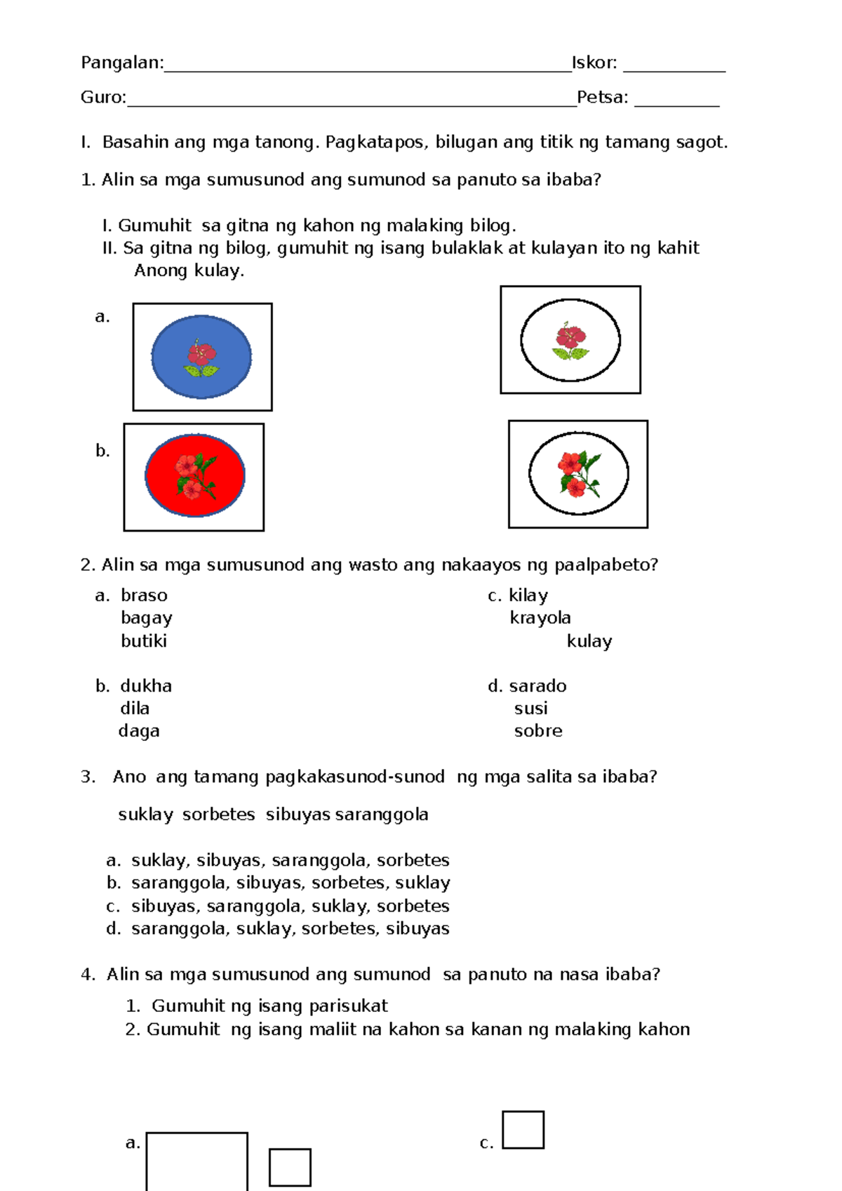 Maikling Pagsusulit sa Filipino Mtb 2 3rd Quarter Aralin 4 Pagsunod sa ...