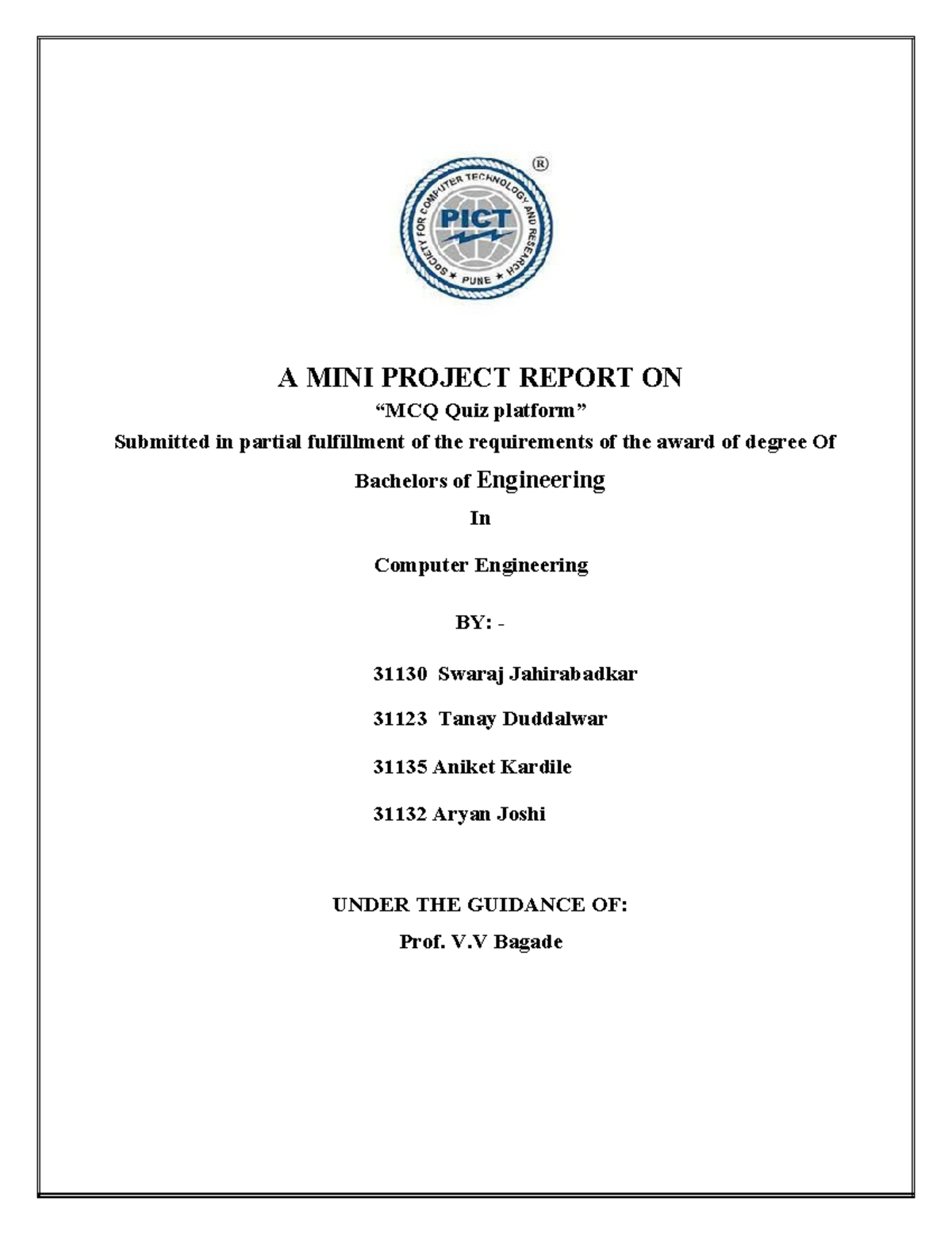Report DBMS - A MINI PROJECT REPORT ON “MCQ Quiz platform” Submitted in ...