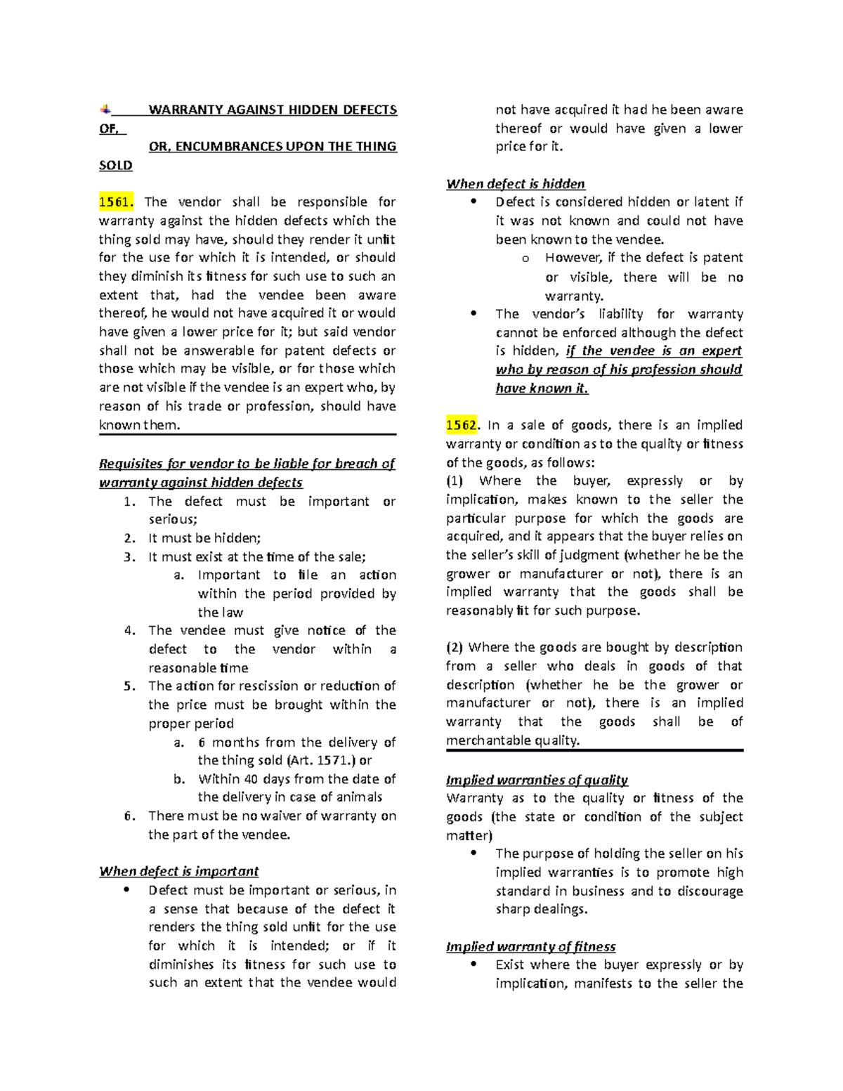 ART 1561 - 1581 1ST SEM LAW STUDY MATERIALS - WARRANTY AGAINST HIDDEN ...