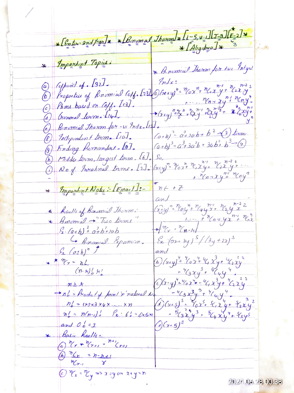 Binomial Theorm Complete Notes With Examples And Imp Formulas I