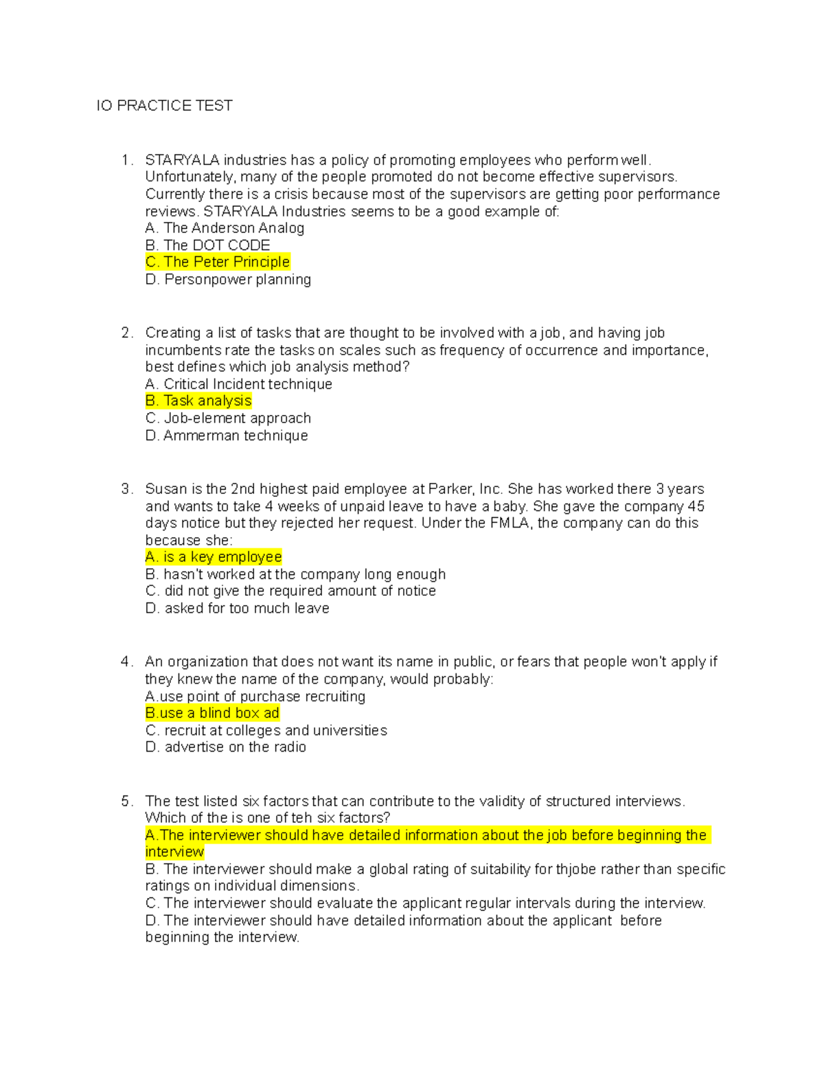 IO- Practice-TEST - Practice questions for I/O psychology - IO PRACTICE ...