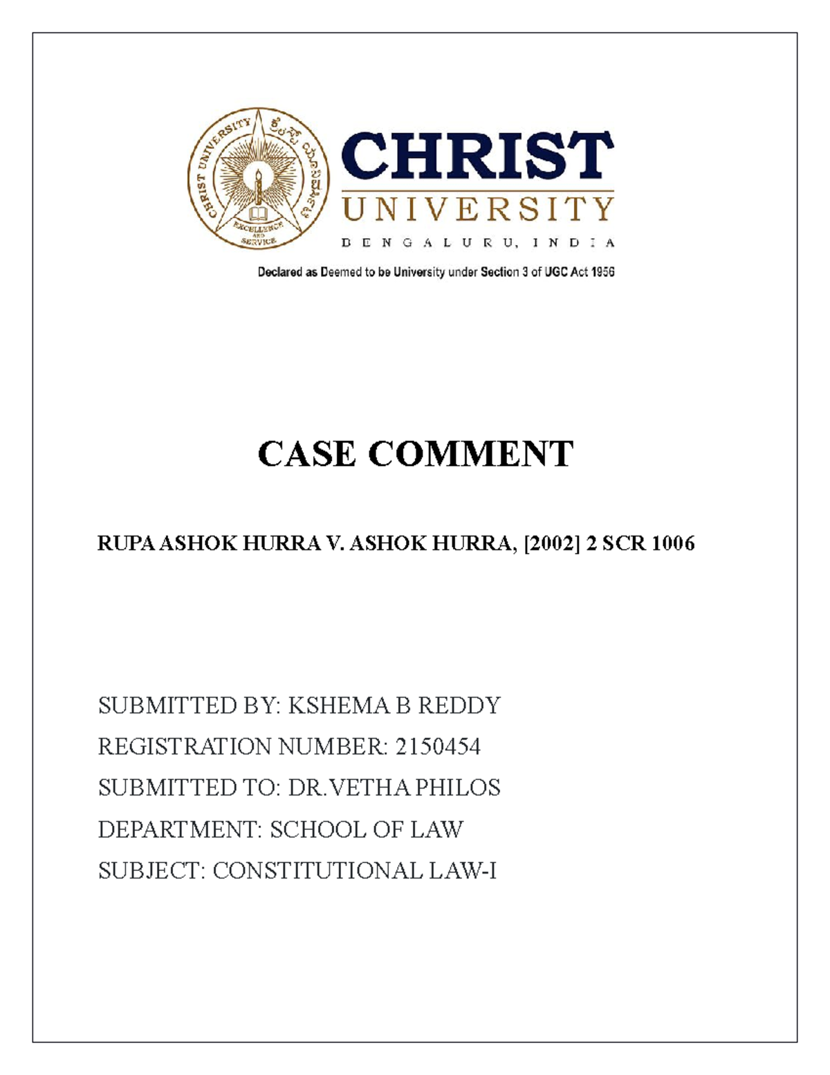Consti-CASE Comment - CASE COMMENT RUPA ASHOK HURRA V. ASHOK HURRA ...