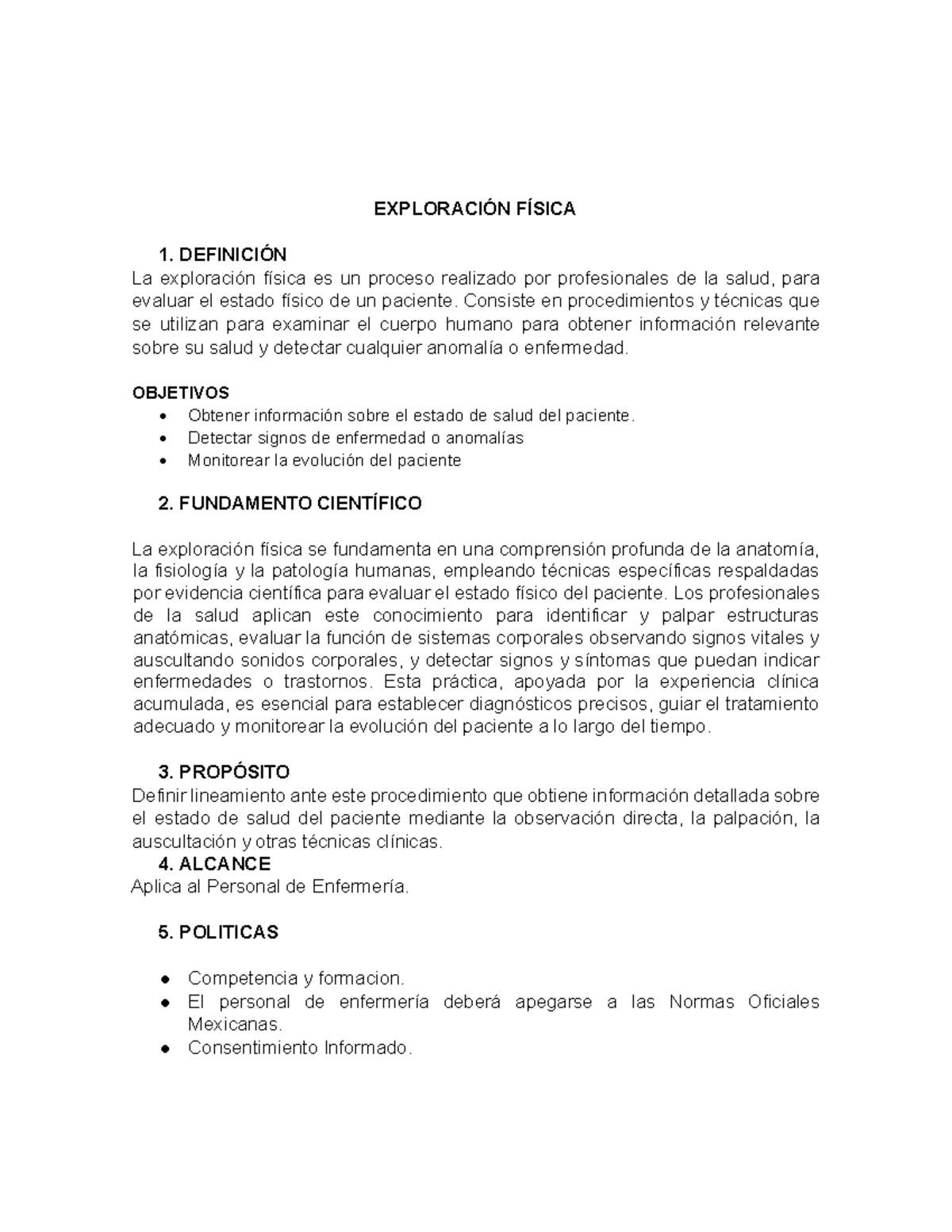 Formato PARA Procedimientos Exploracion Fisica - EXPLORACIÓN FÍSICA 1 ...