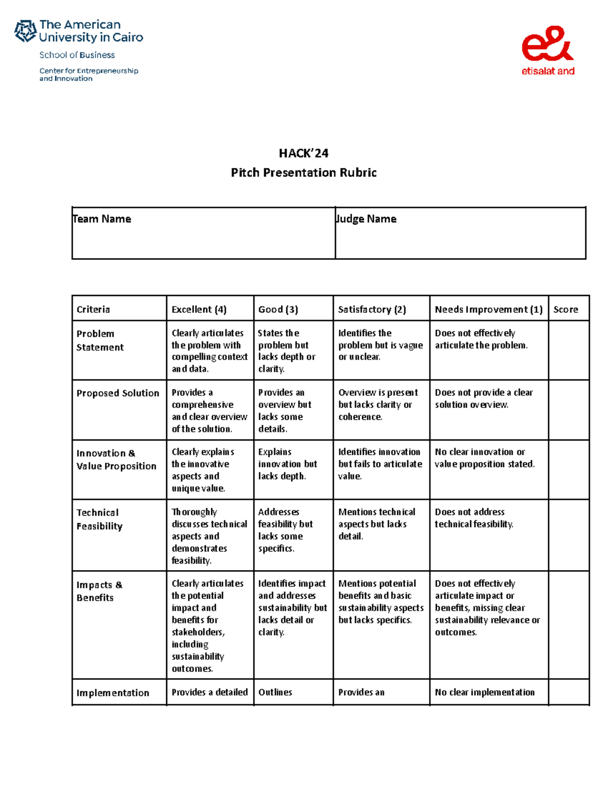 Hack24 Pitch Presentation Rubric - HACK’ Pitch Presentation Rubric Team ...