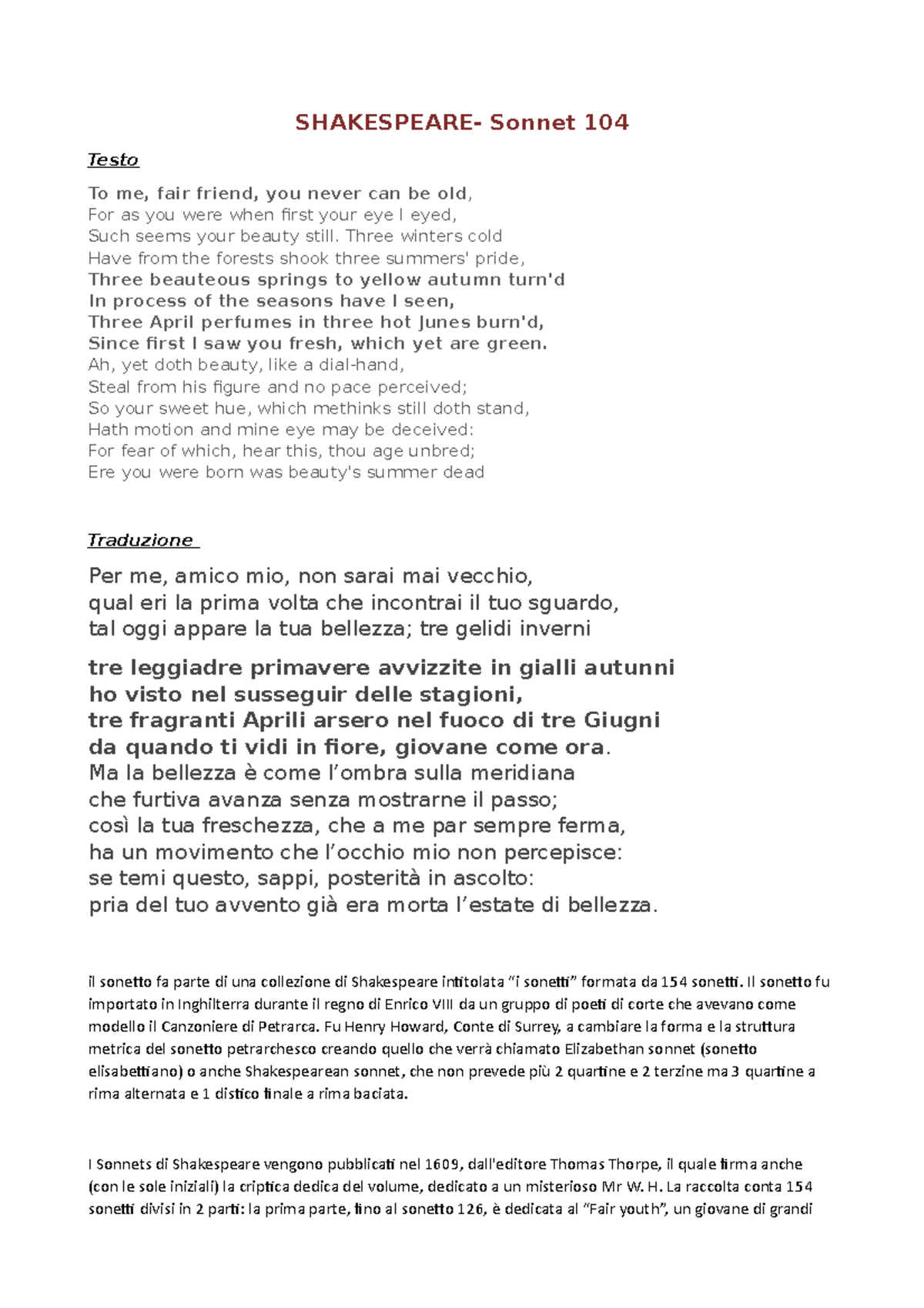 Sonetto 104 - SHAKESPEARE- Sonnet 104 Testo To me, fair friend, you ...