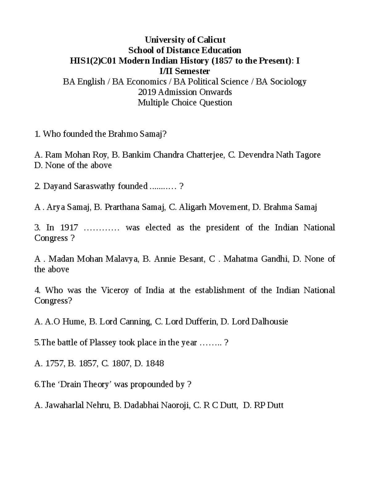 MCQ-I-II Sem-Corrections HIS1(2)C01 - Modern Indian History 1857 ...